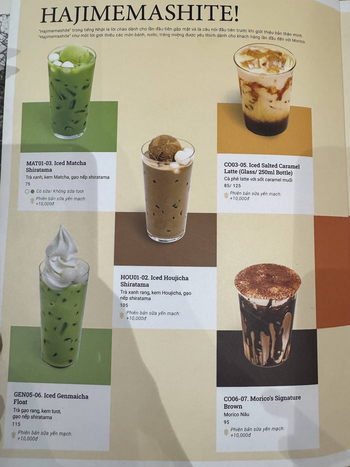 Menu at MORICO restaurant, Ho Chi Minh City