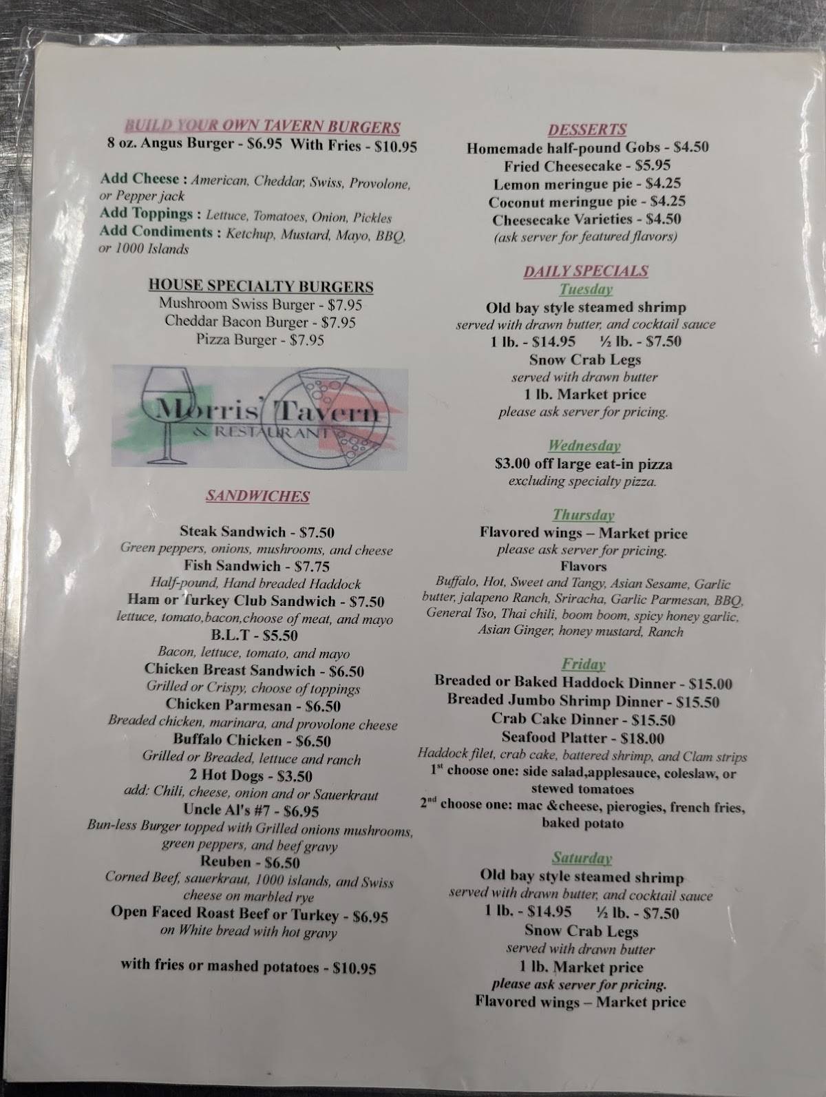 Menu at Morris' Tavern & Restaurant, Sidman
