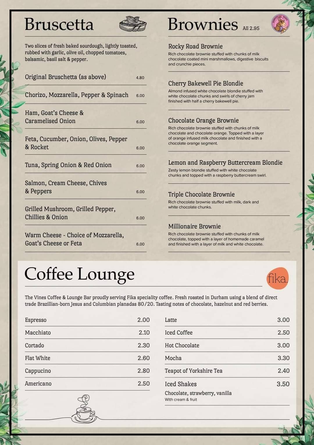 Menu at Moss & Ivy @ The Vines, Bishop Auckland