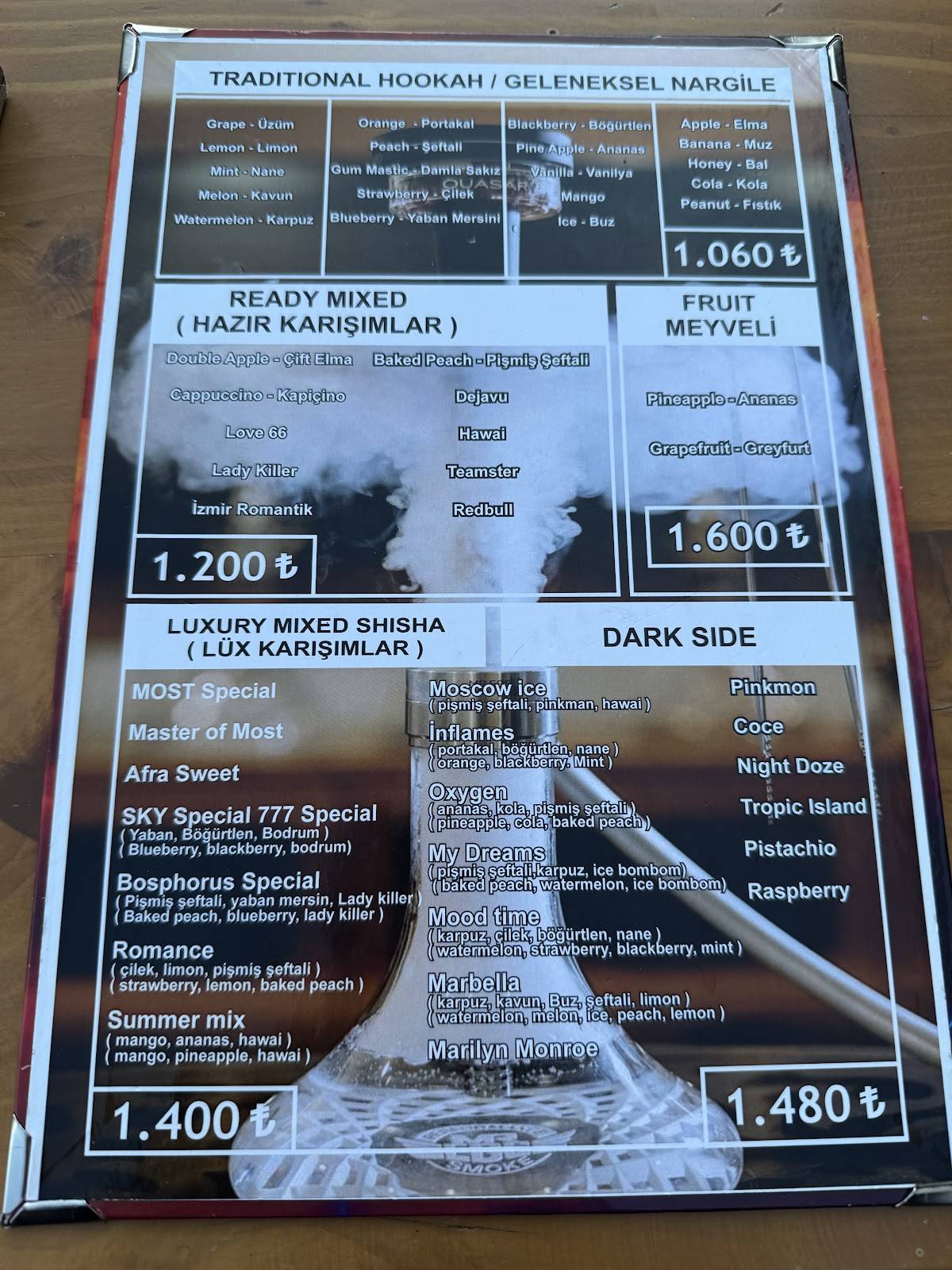 Menu at Most Hookah, Istanbul