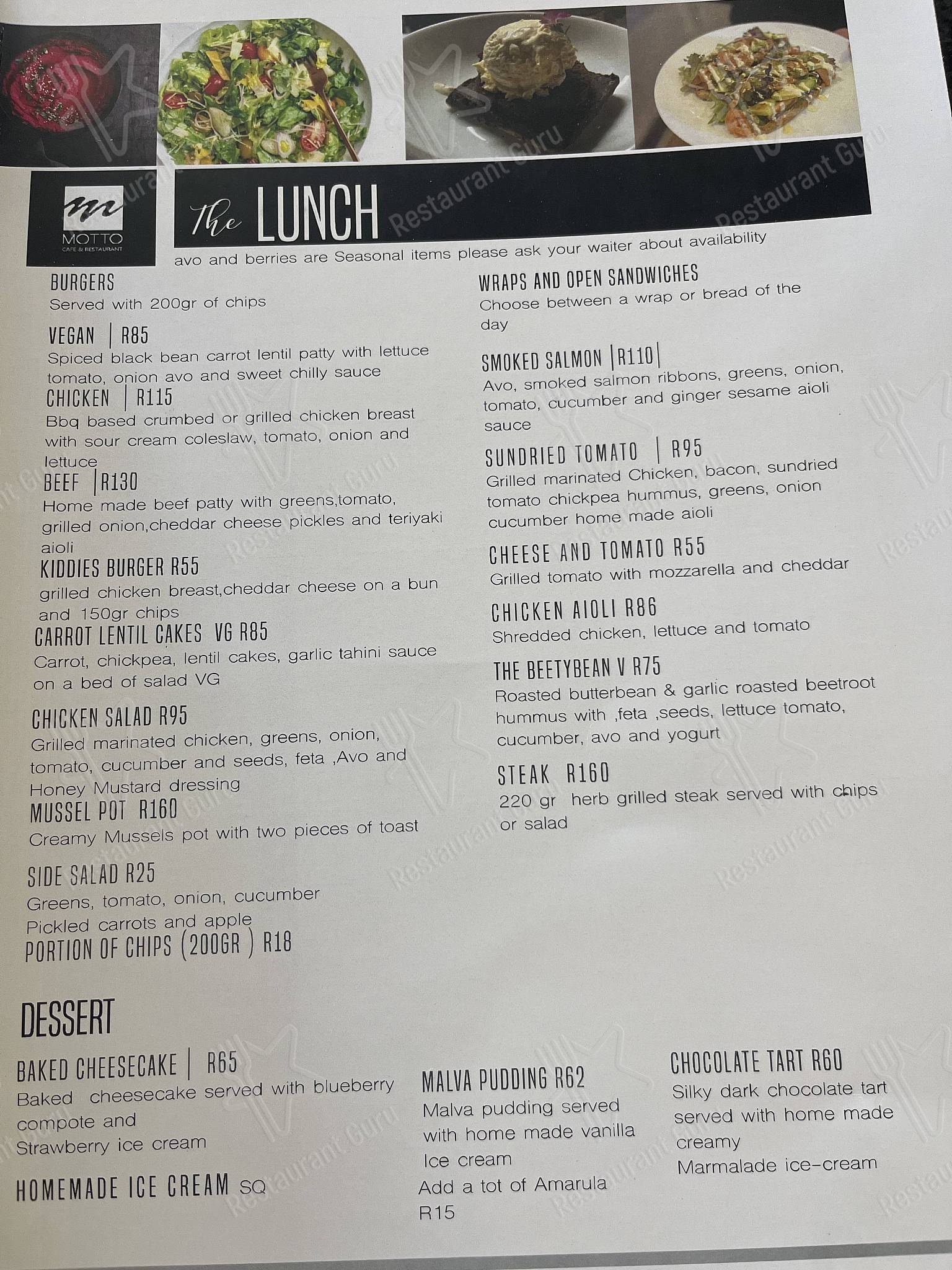 Menu at MOTTO Cafe & Restaurant, Port Alfred