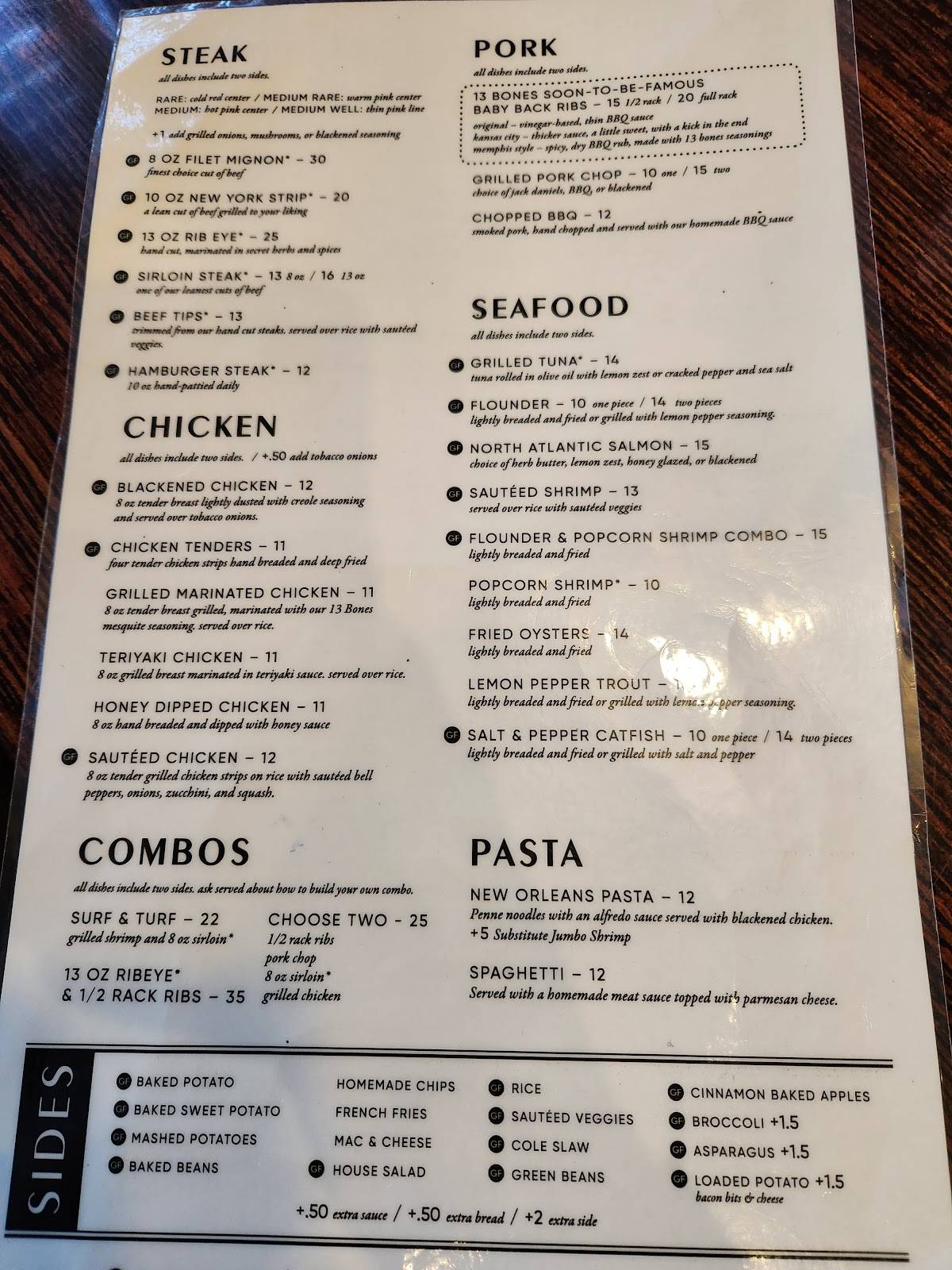 Menu at 13 Bones Restaurant, Mount Airy