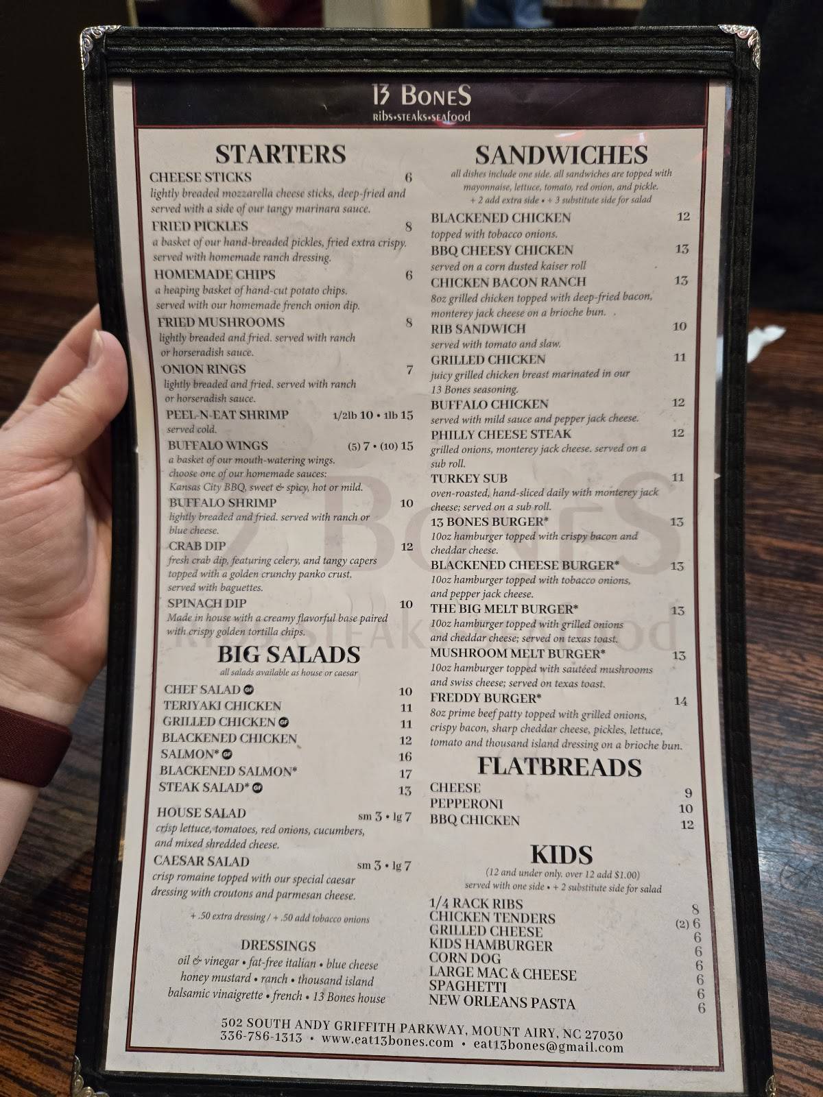 Menu at 13 Bones Restaurant, Mount Airy