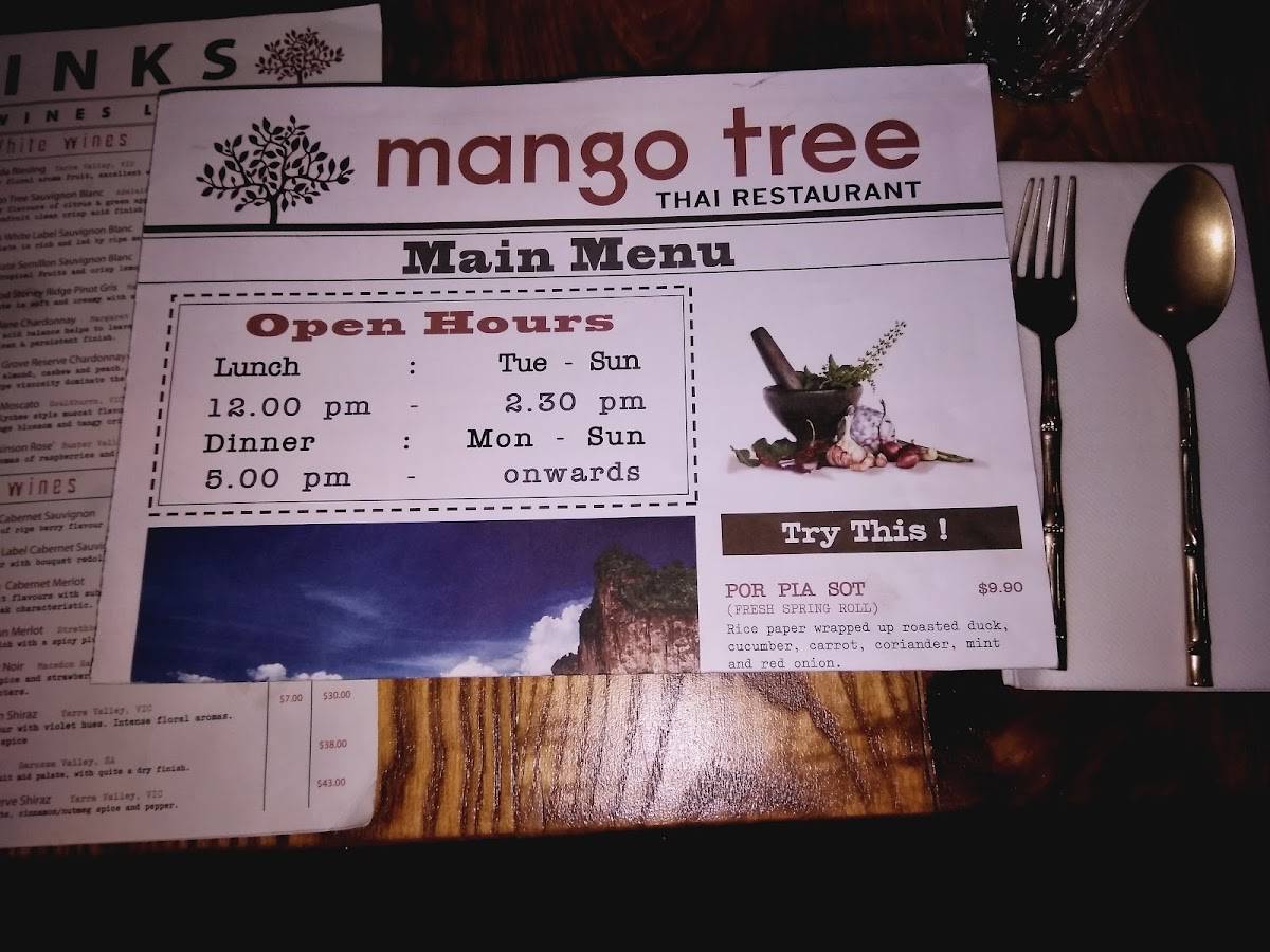 Menu at Mango Tree Thai restaurant, Mount Waverley