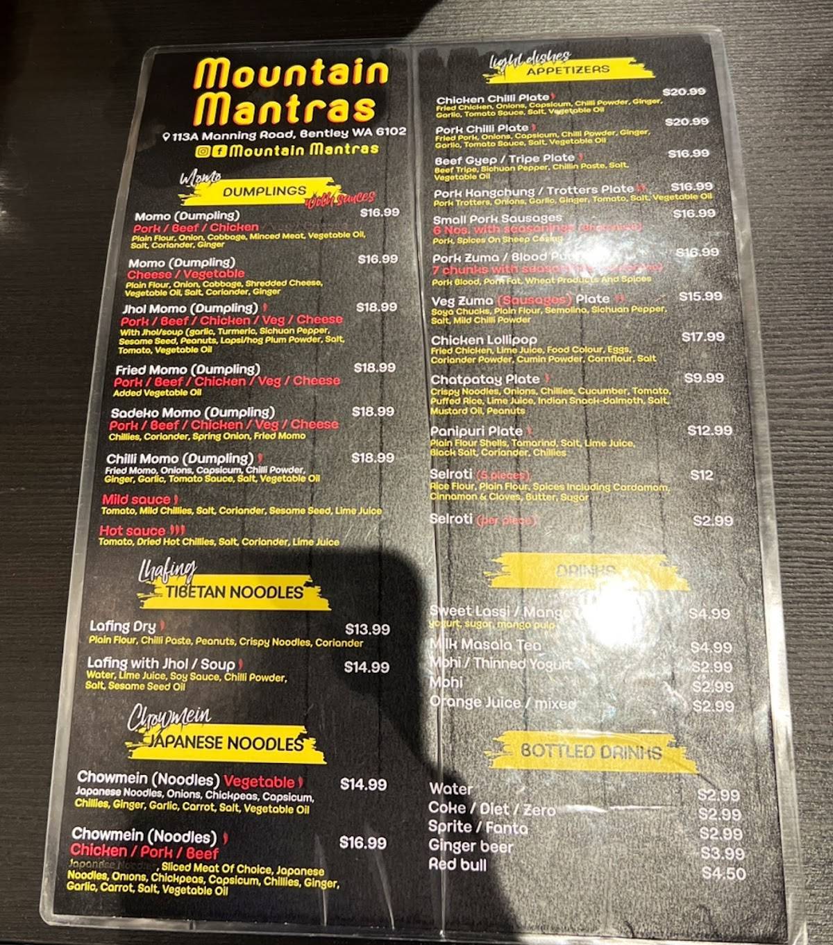 Menu at Mountain Mantras restaurant, Wilson