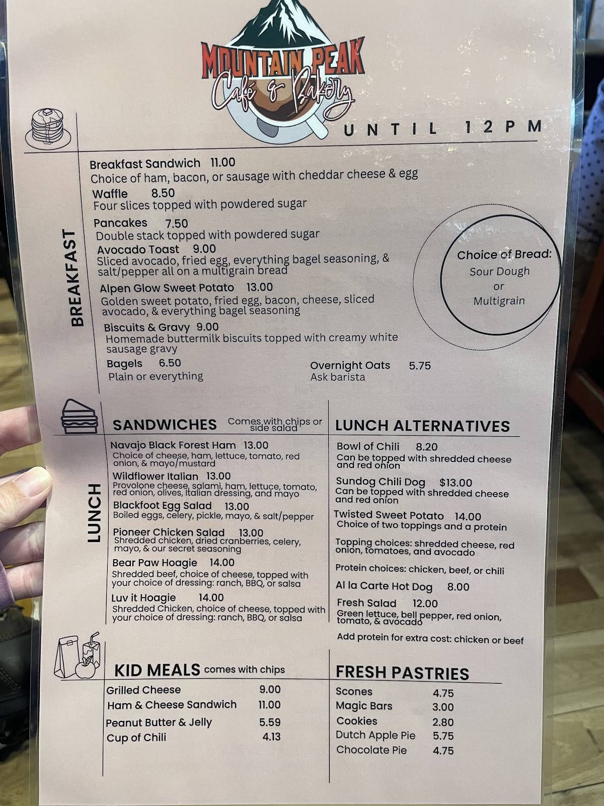 Menu at Mountain Peak Coffee cafe, Brian Head