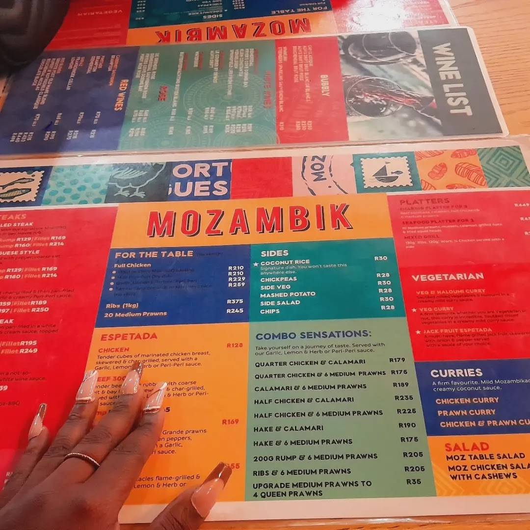Menu at Mozambik V & A Waterfront restaurant, Cape Town