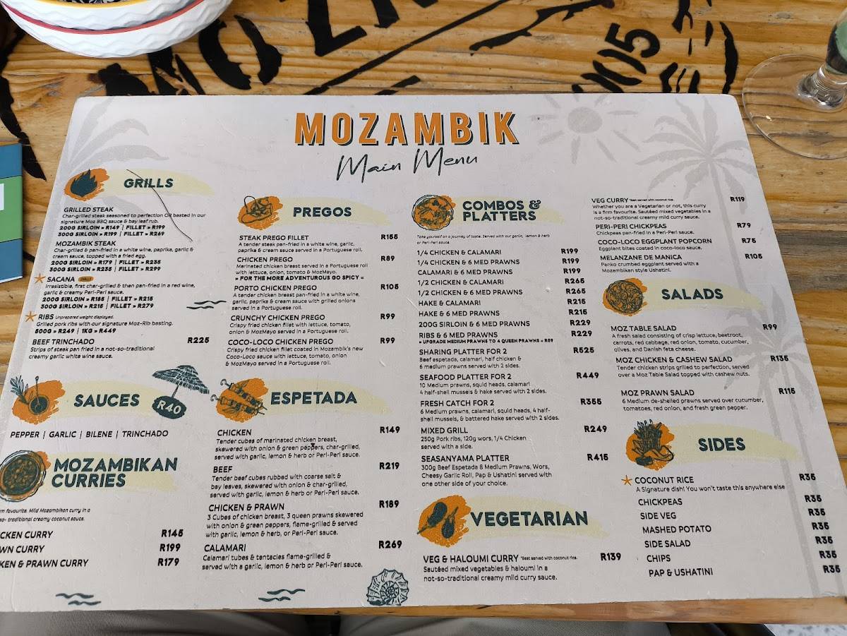 Menu at Mozambik V & A Waterfront restaurant, Cape Town