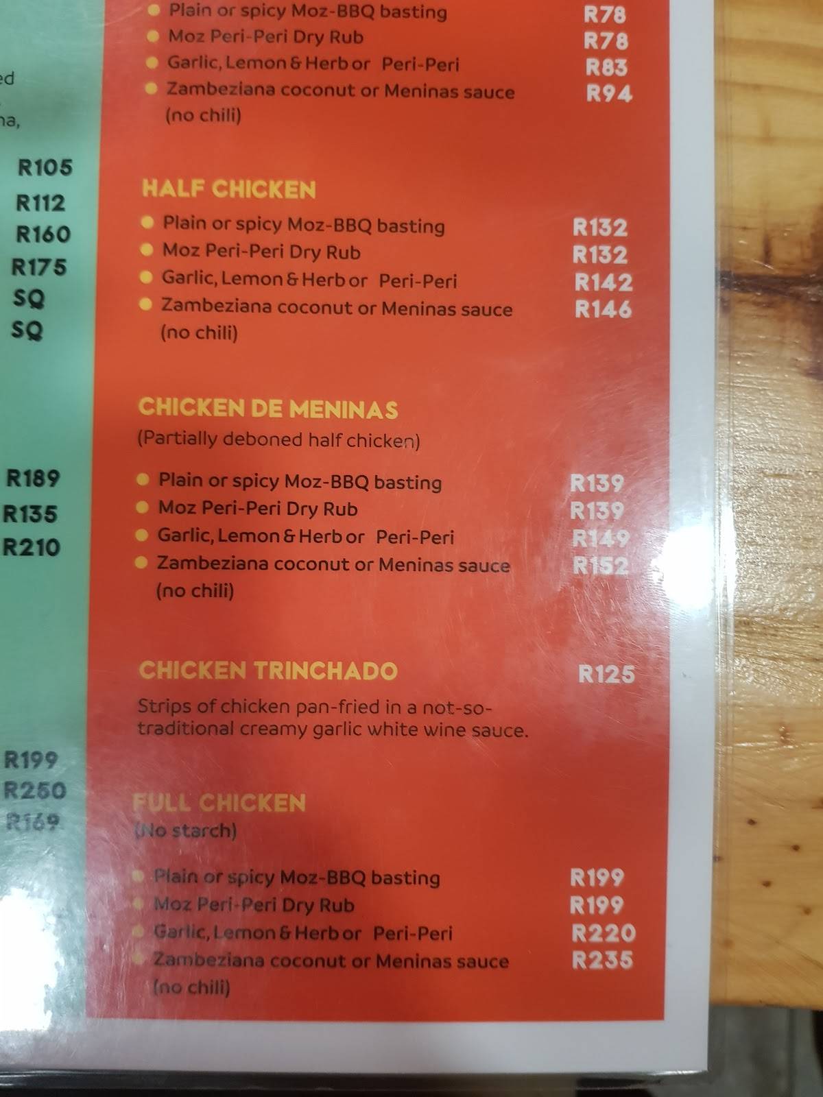 Menu at Mozambik V & A Waterfront restaurant, Cape Town