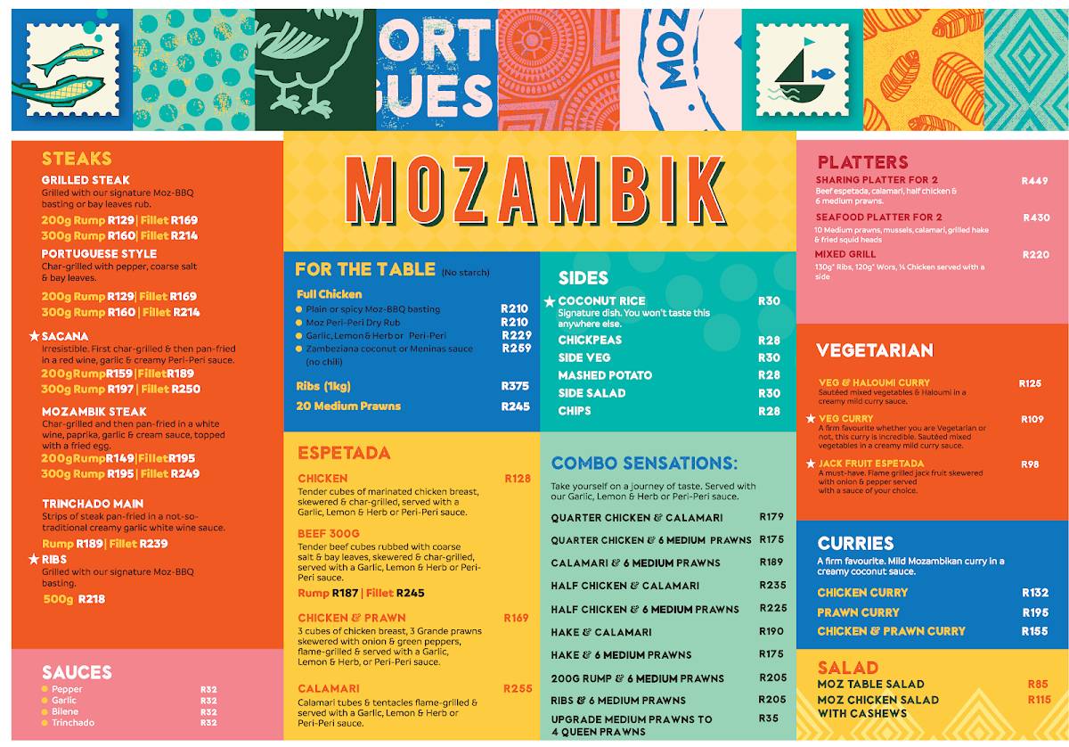 Menu at Mozambik V & A Waterfront restaurant, Cape Town