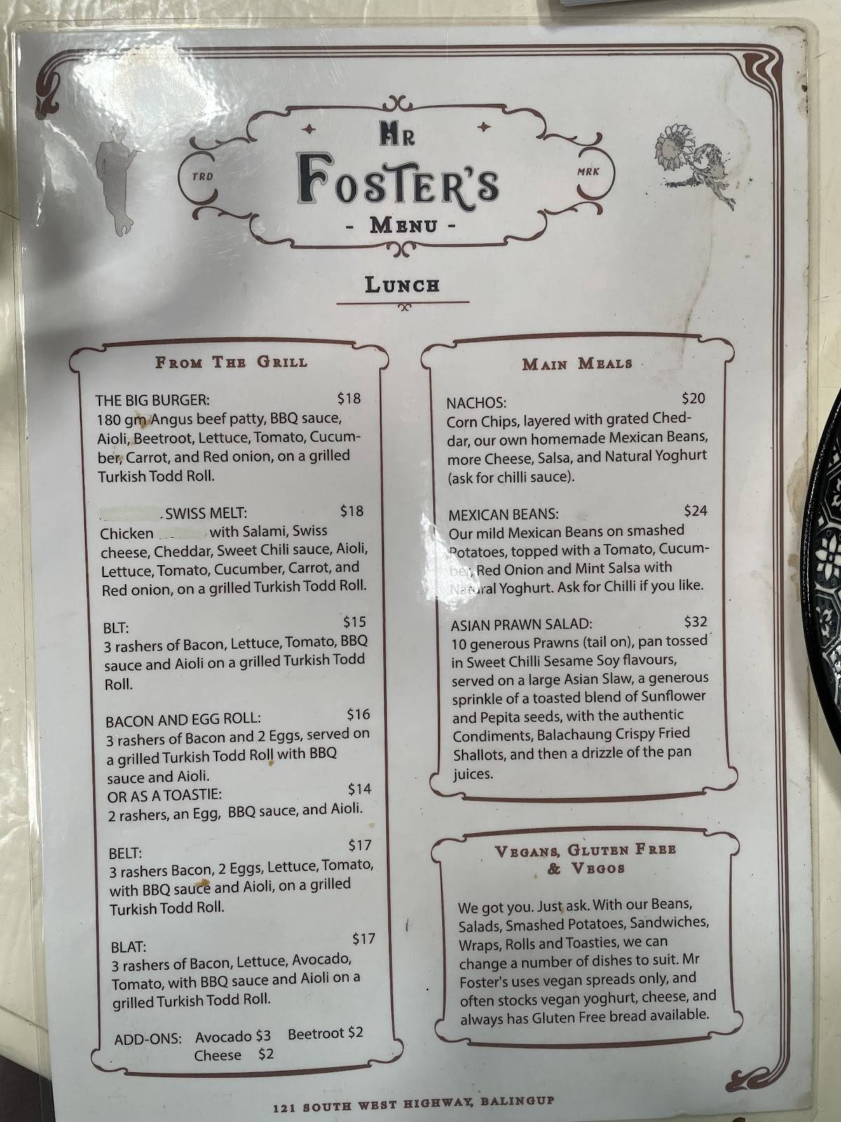 Carta del café Mr Foster's, Balingup