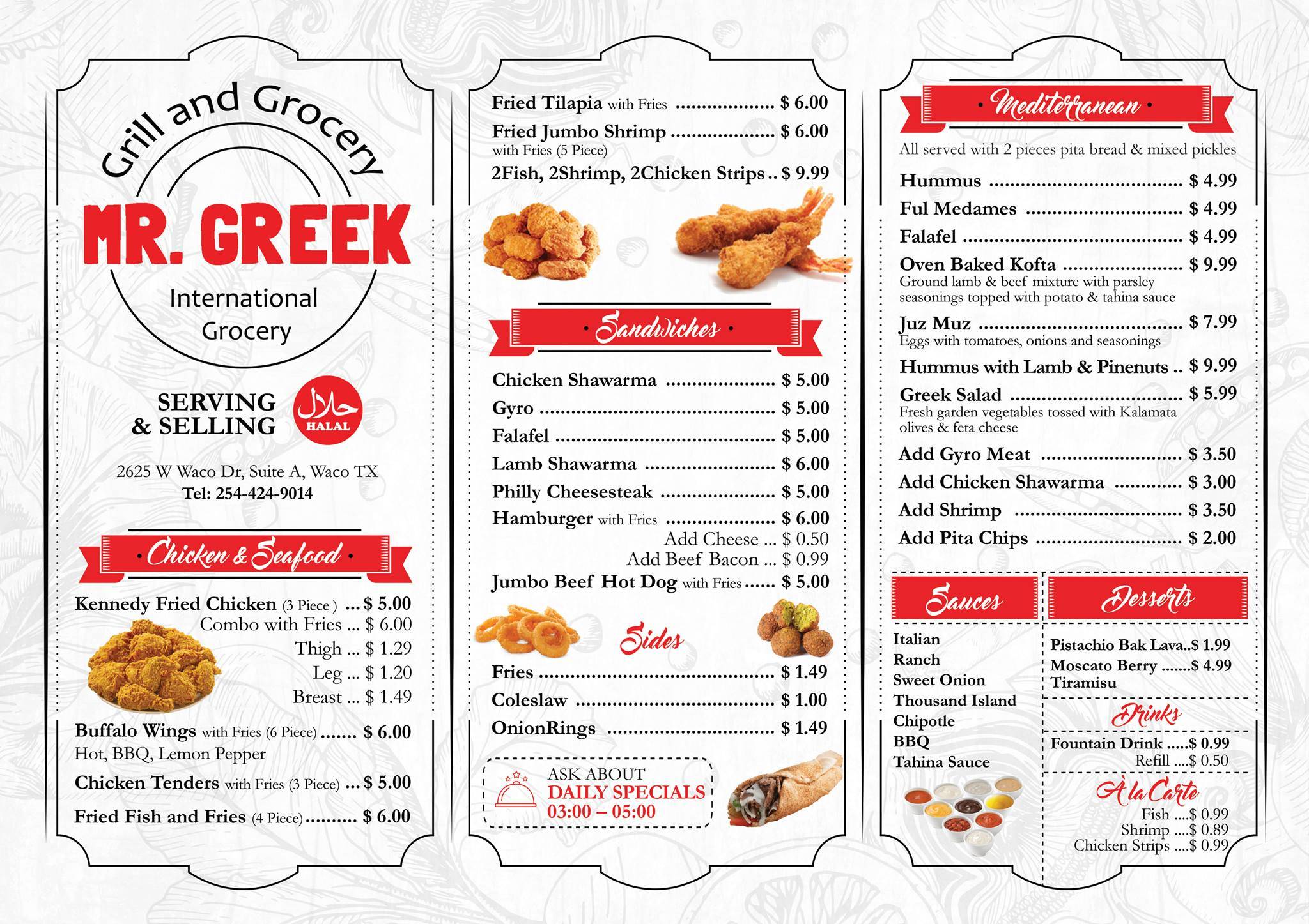 Menu at Mr. Greek restaurant, Waco