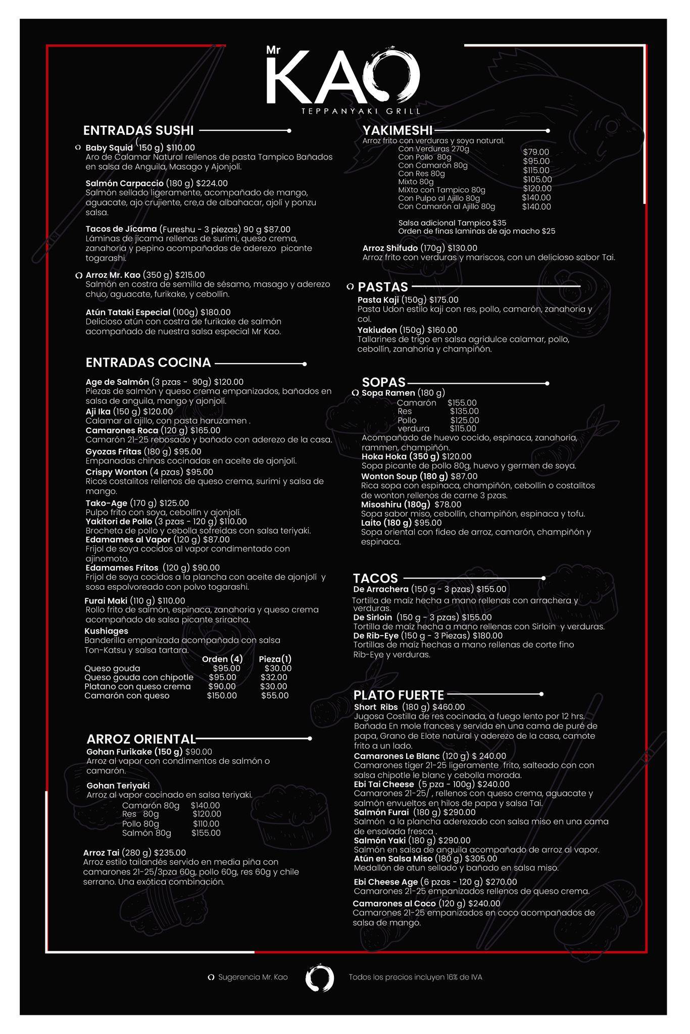 Carta del restaurante Mr KAO, Veracruz