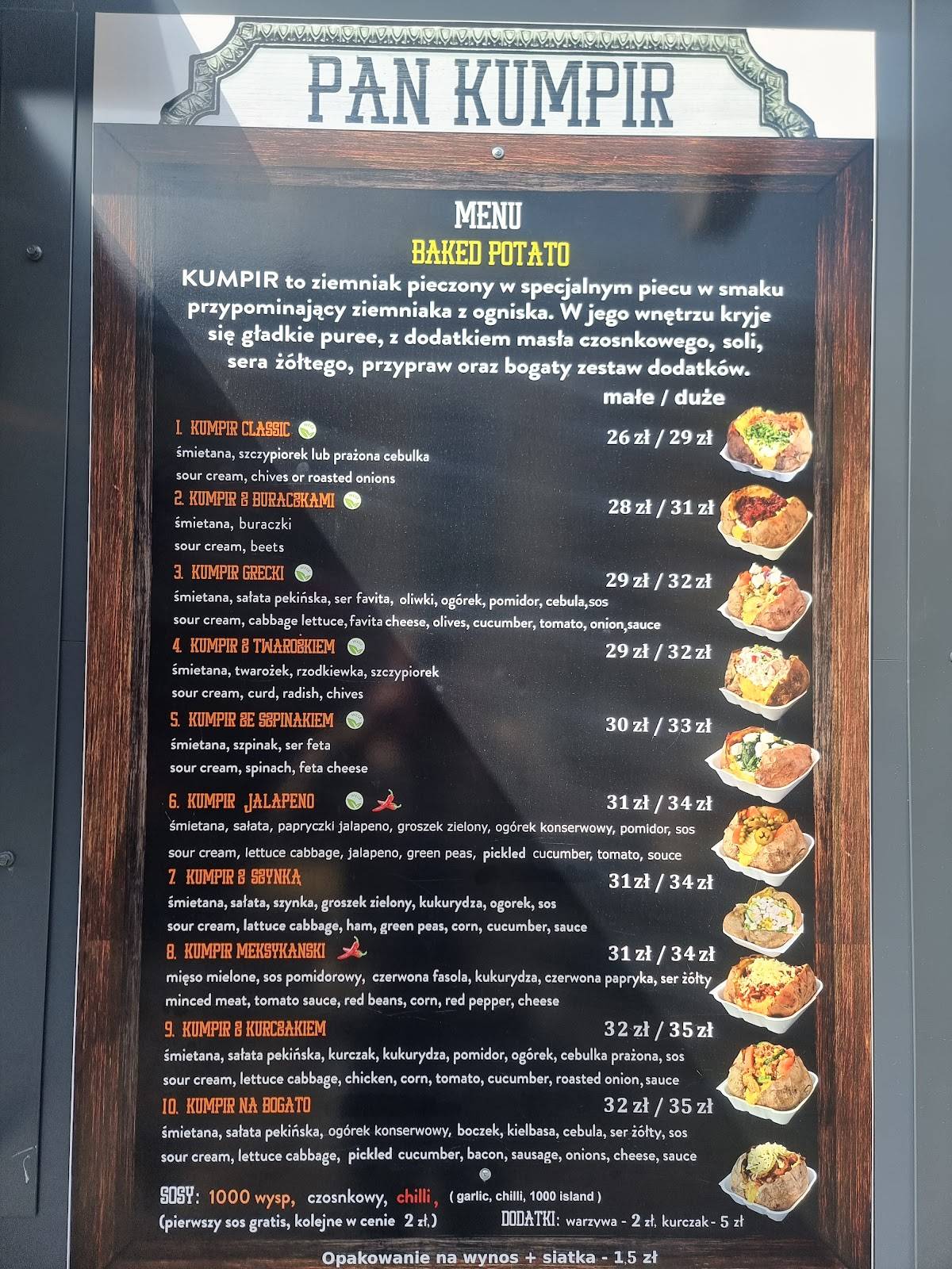 Menu at Mr Kumpir restaurant, Kraków
