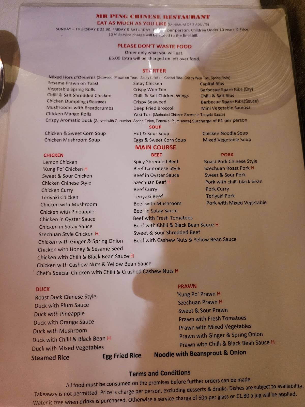 Menu at Mr Ping Chinese Restaurant, Southend-on-Sea, 468 Southchurch Rd