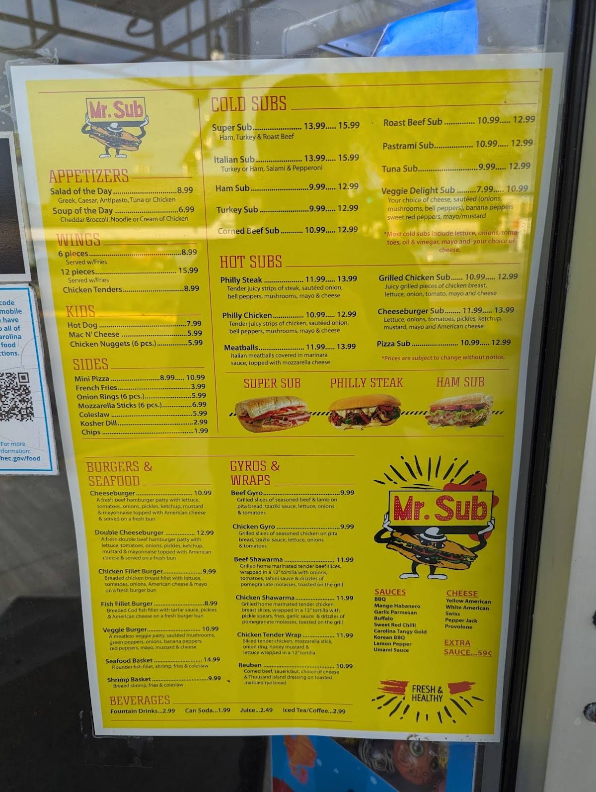 Menu at Mr Sub of Myrtle Beach restaurant, Myrtle Beach, Broadway St