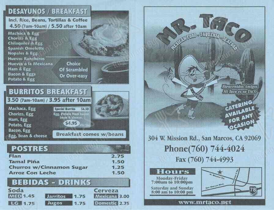 Menu at The Original Mr. Taco (San Marcos) Catering restaurant, San ...