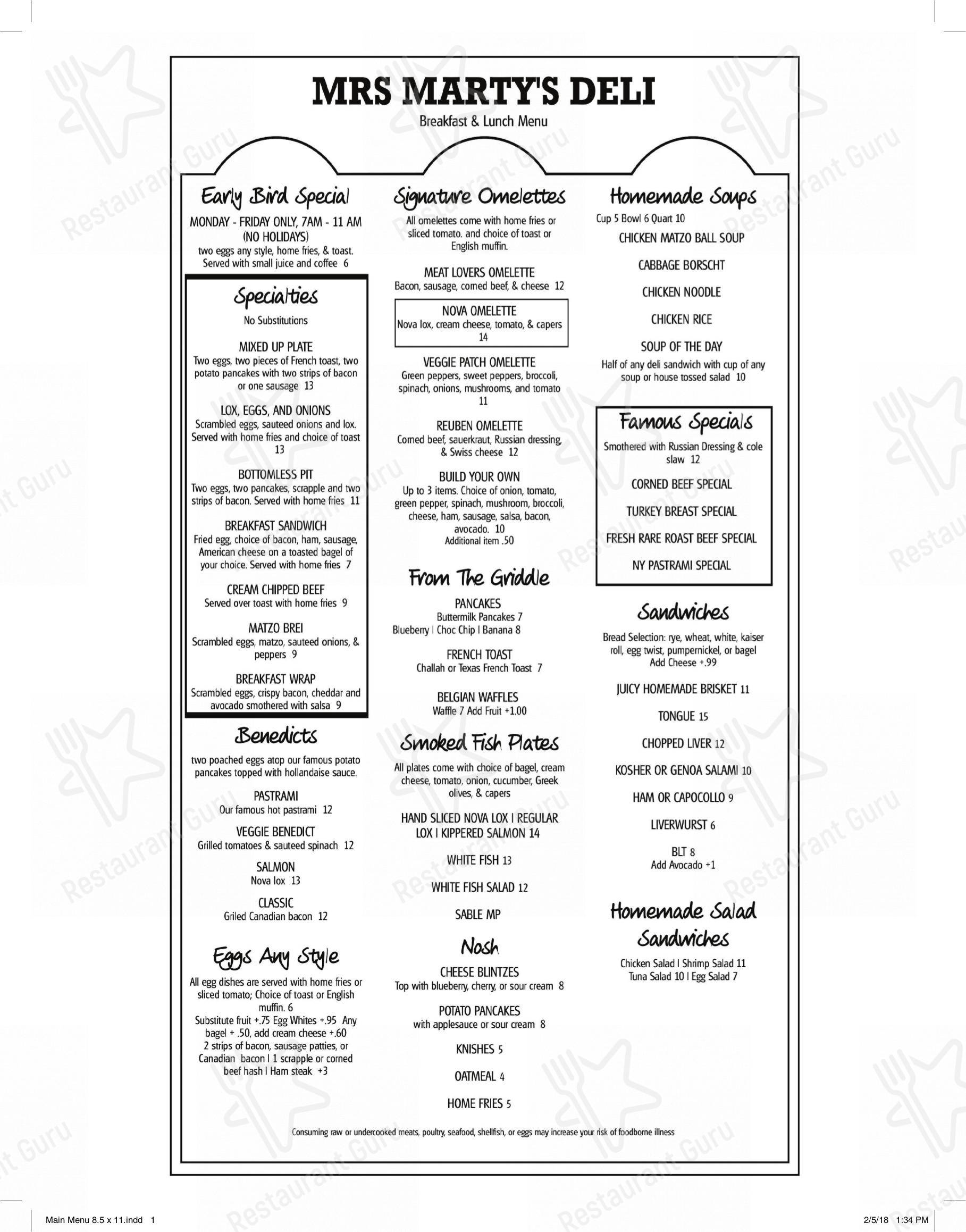 Menu at Mrs Marty's Deli restaurant, Broomall, Sproul Rd