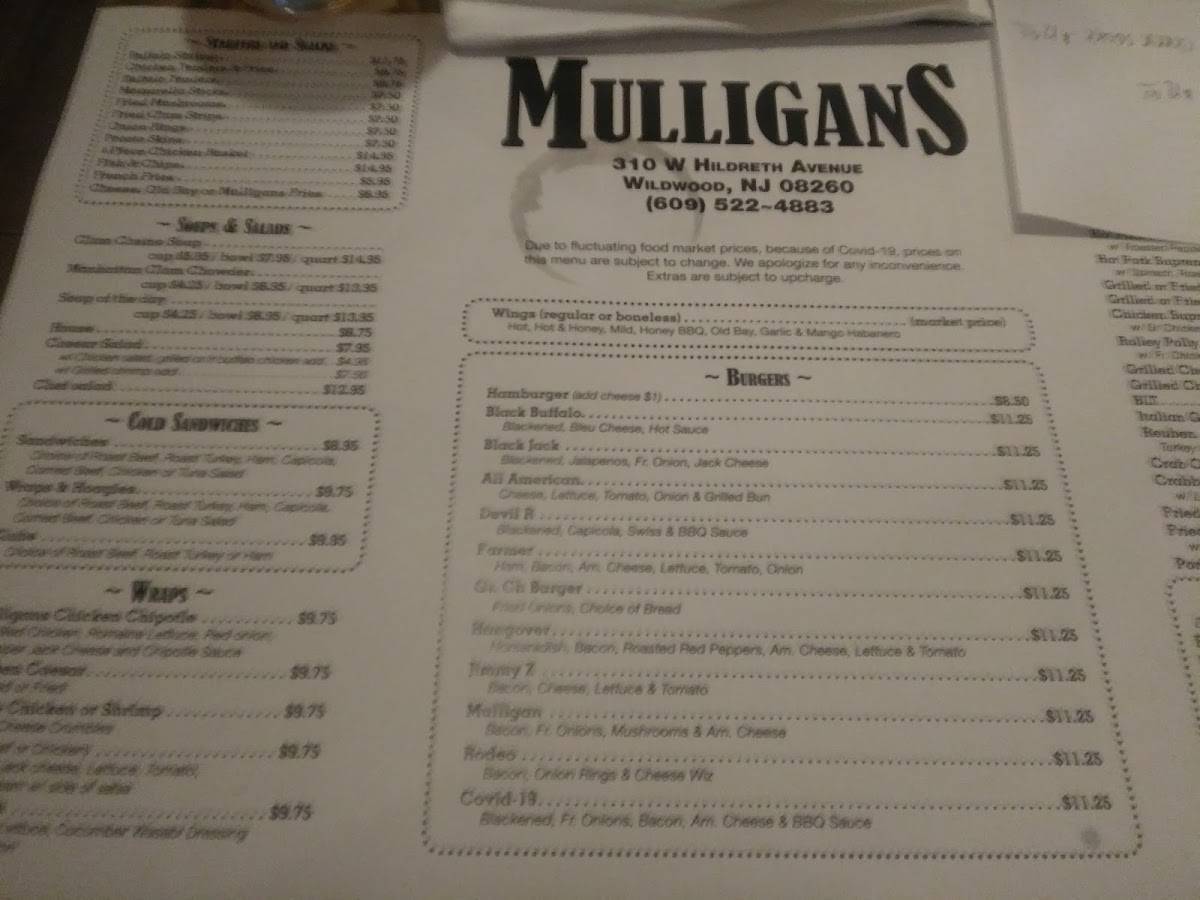 Menu at Mulligan's Shore Bar & Grill, Wildwood, 310 W Hildreth Ave
