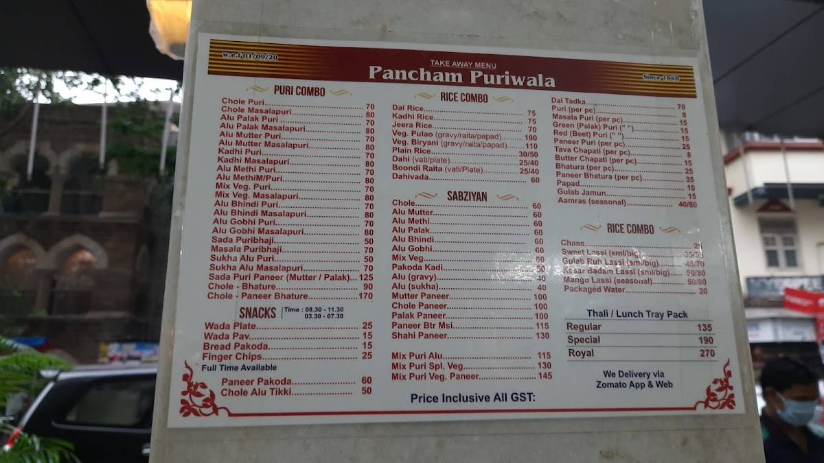 Menu at Pancham Puriwala, Mumbai