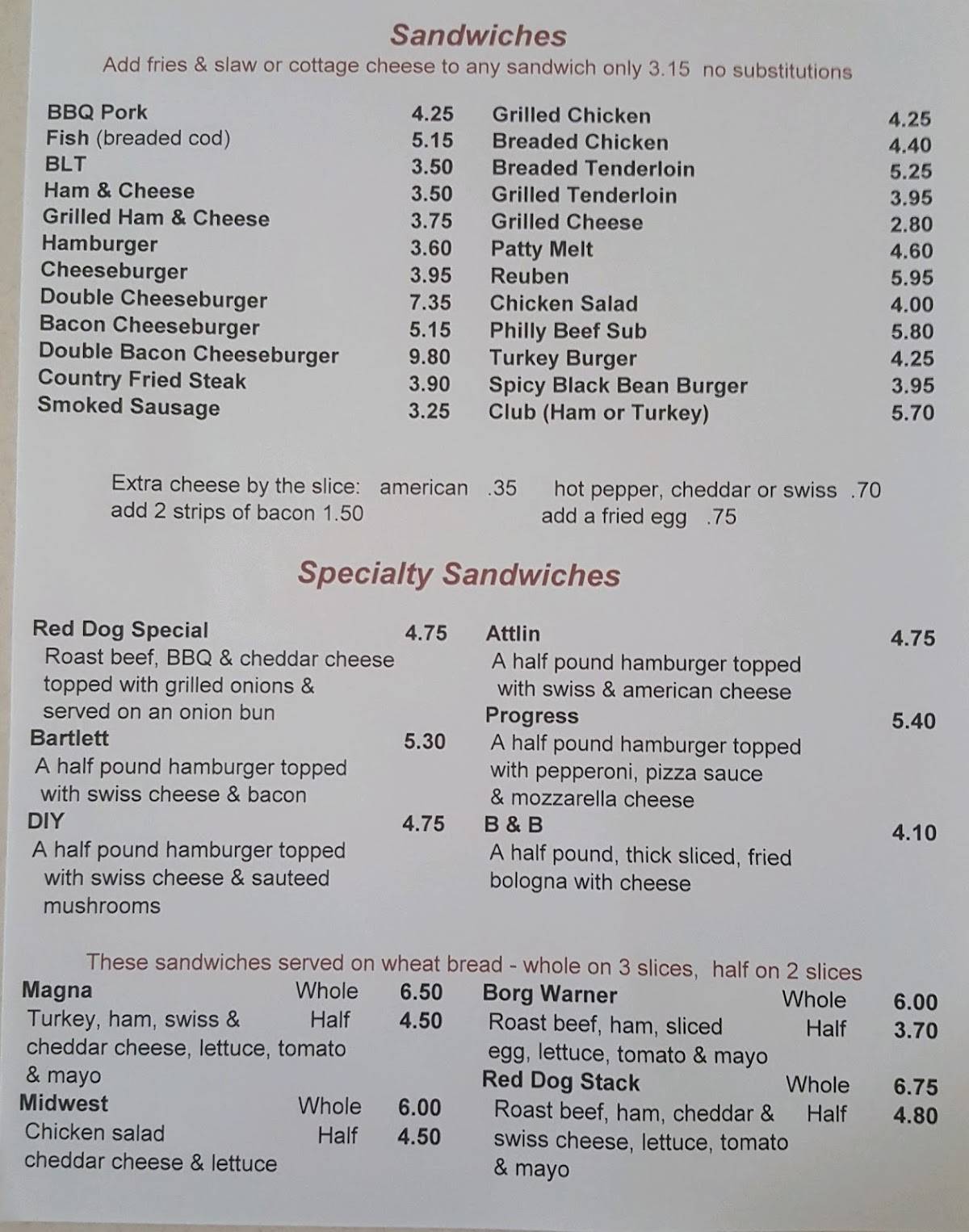 Menu at Red Dog Saloon pub & bar, Muncie