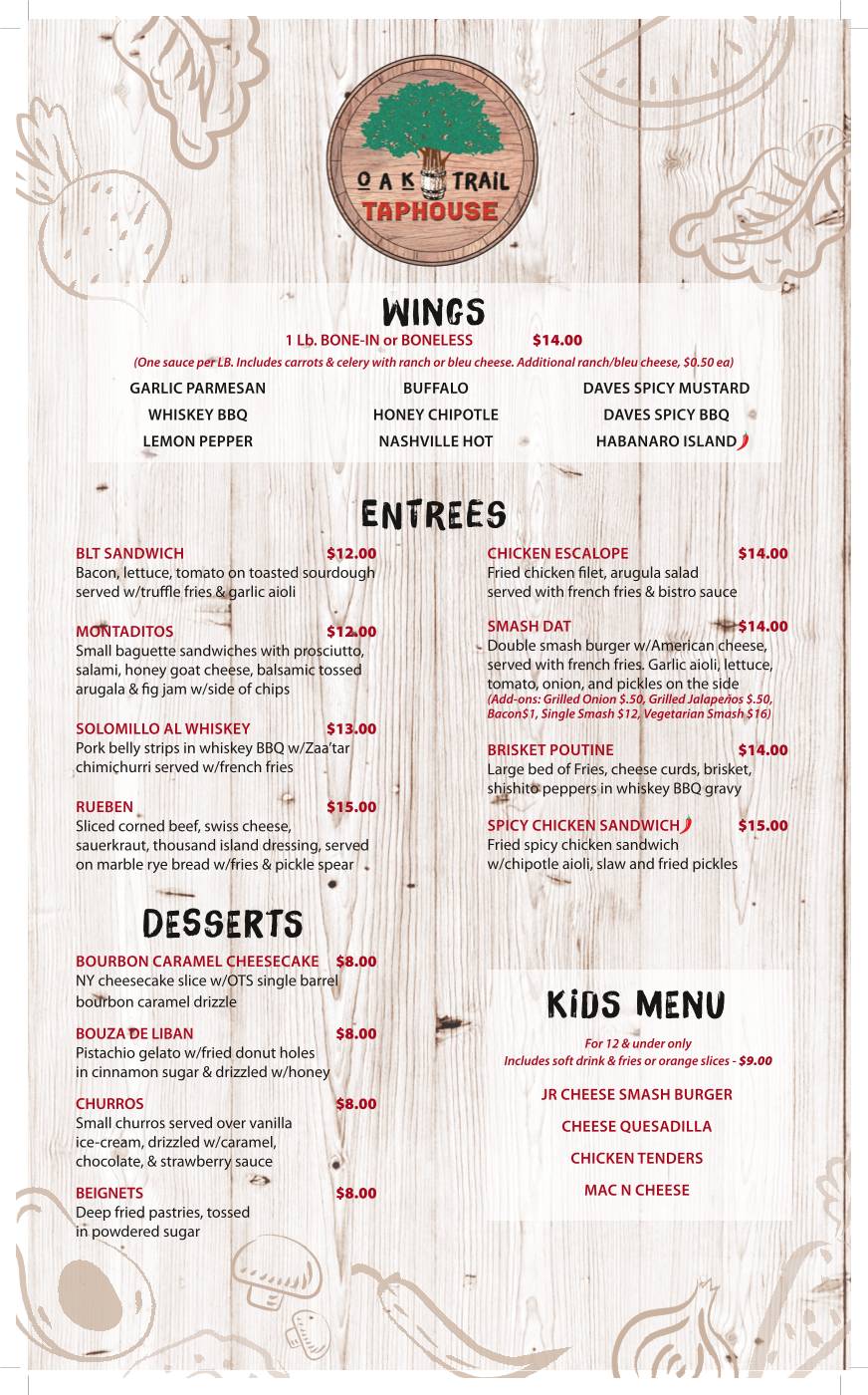 Menu at Oak Trail Taphouse pub & bar, Mundelein