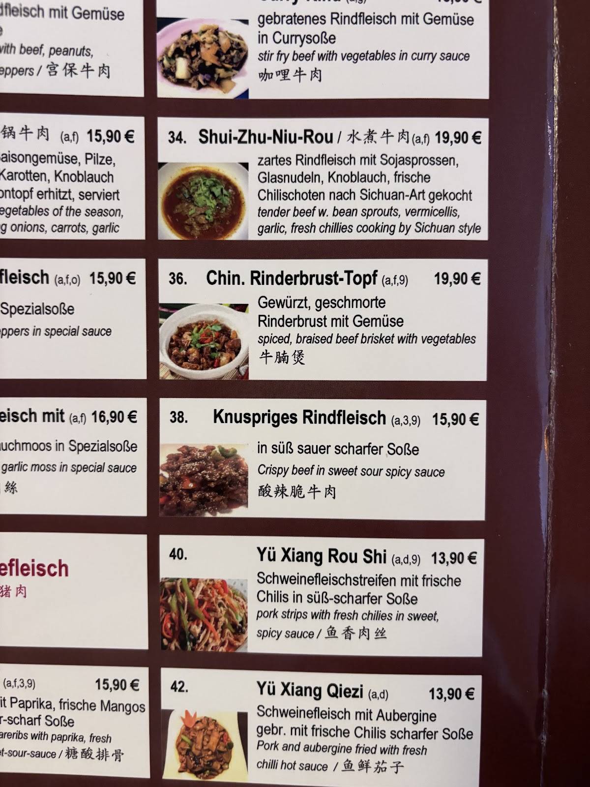Menu at Fuyuan restaurant, Munich