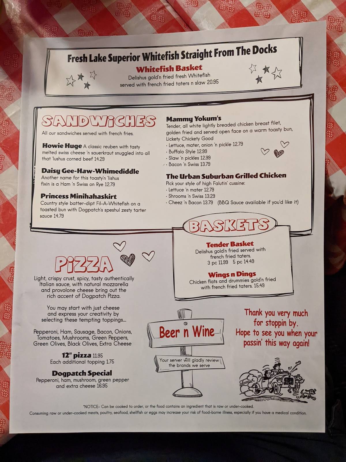 Menu at The Dogpatch Restaurant, Munising