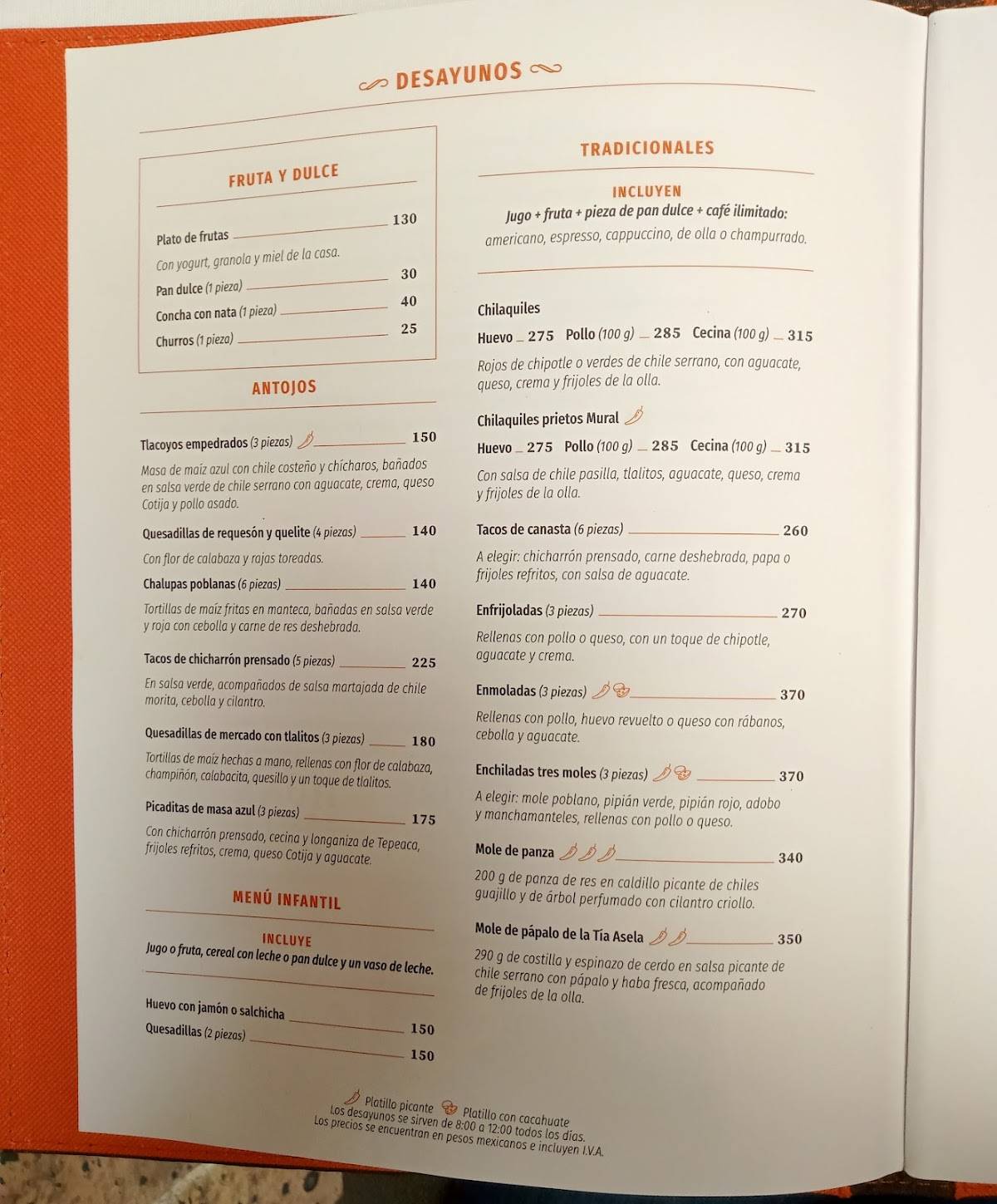 Carta del restaurante Mural del los Poblanos, Heroica Puebla del Zaragoza