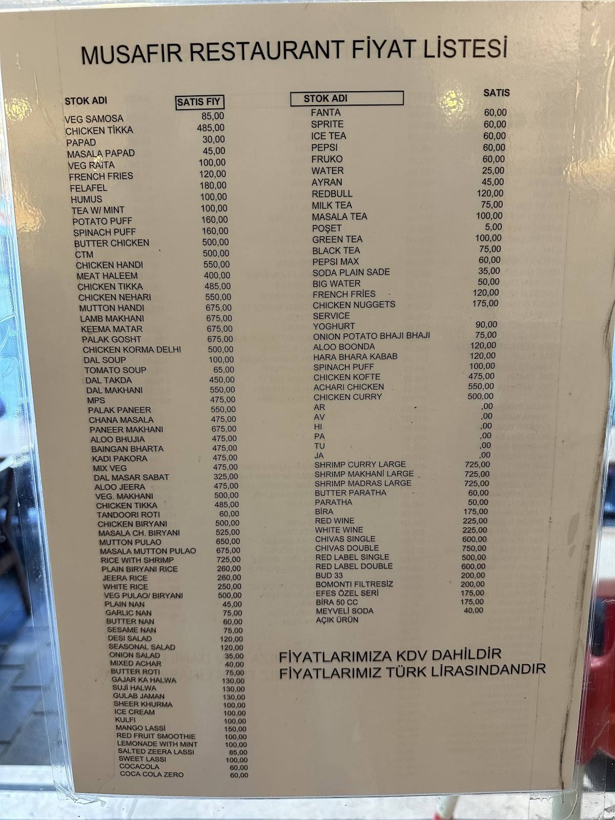 Menu at Musafir Restaurant-Indian Restaurant Est. 2004, Istanbul ...