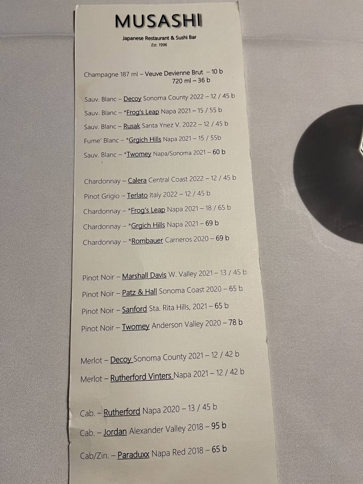 Menu at Musashi Japanese Restaurant & Sushi Bar, Palm Desert