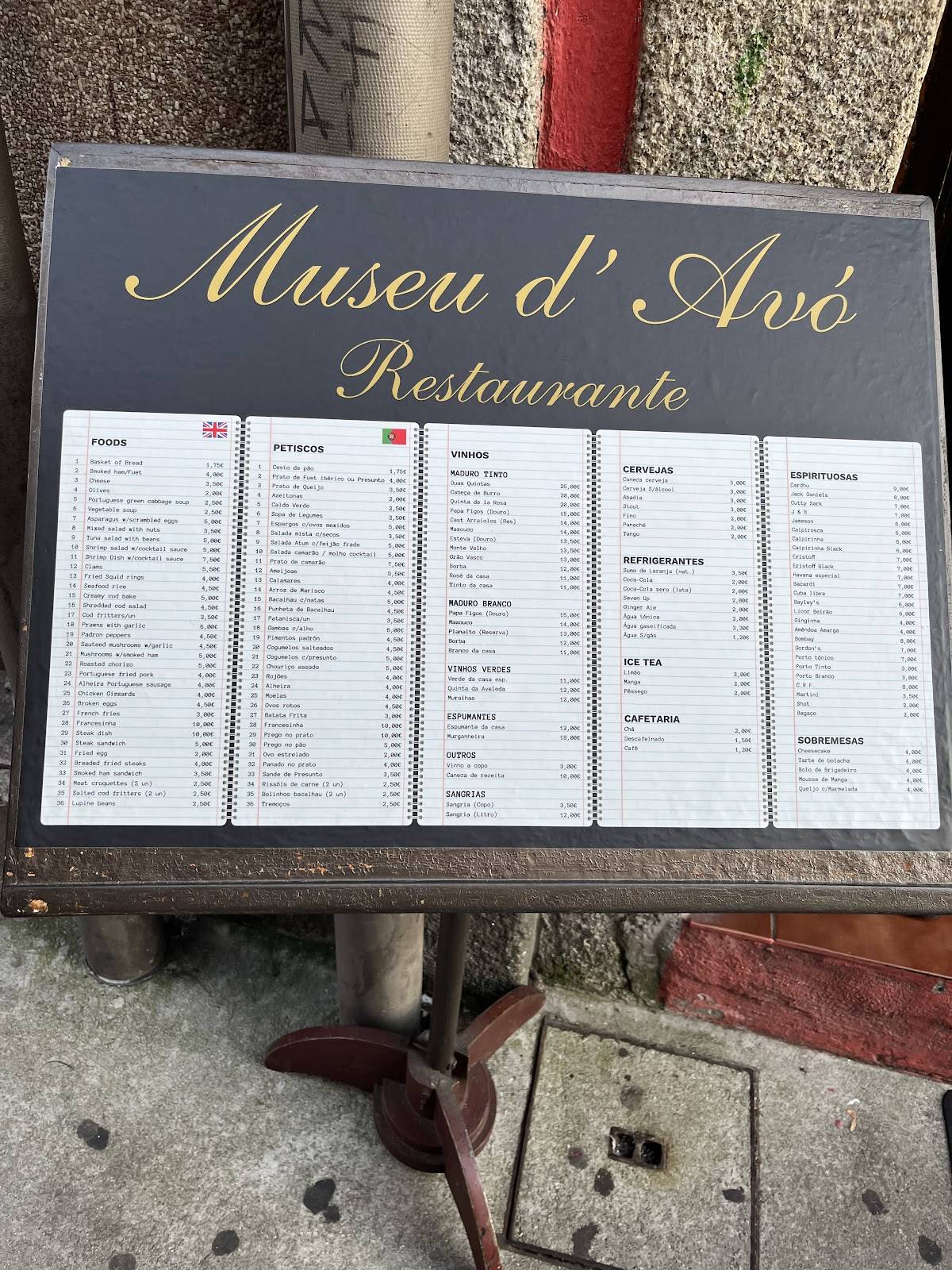 Menu at Museu d'Avó restaurant, Porto