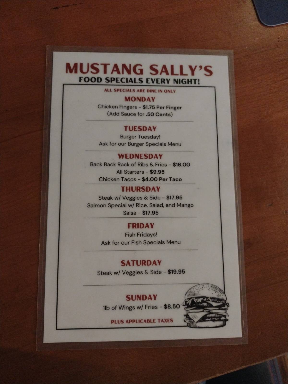 Menu at Mustang Sally's pub & bar, London