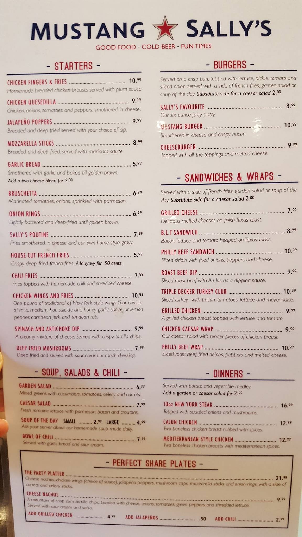 Menu at Mustang Sally's pub & bar, London