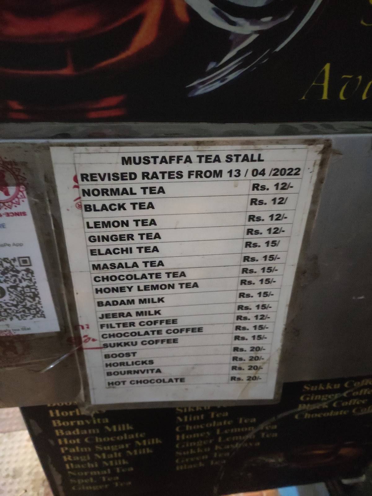 Menu at Musthafa's Tea Stall, Bengaluru