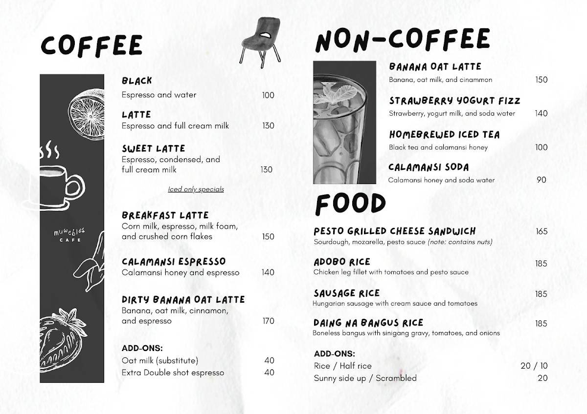 Menu at Muwebles Cafe, Morong