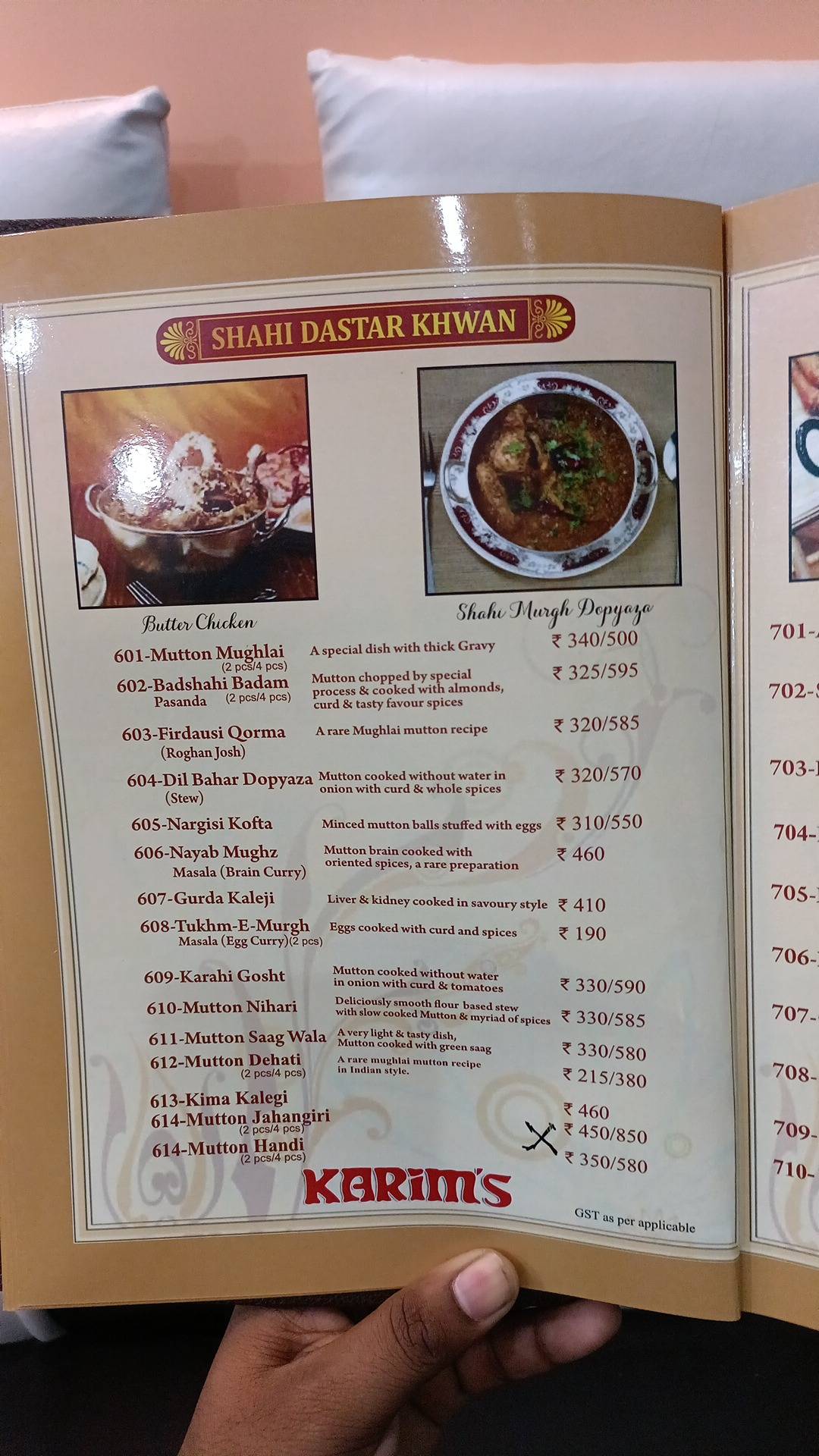 Menu at Karim's Restaurant, Muzaffarpur