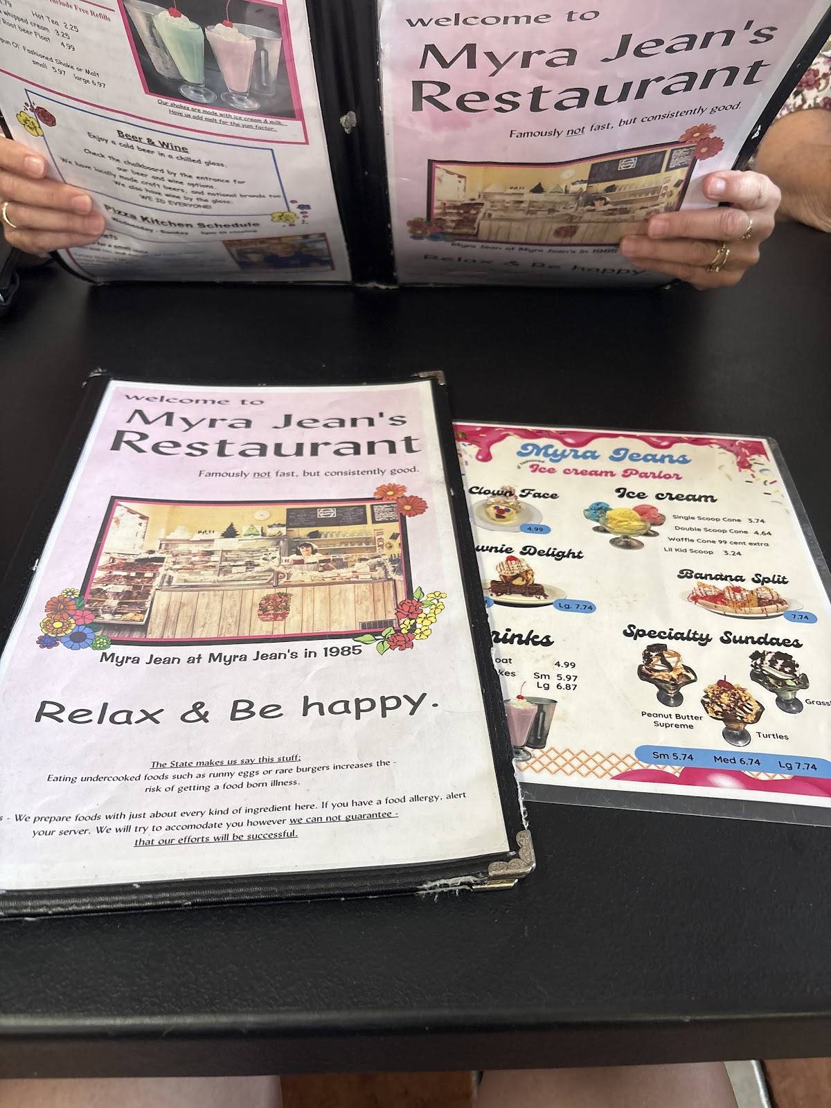 Menu at Myra Jean's restaurant, Crawfordville