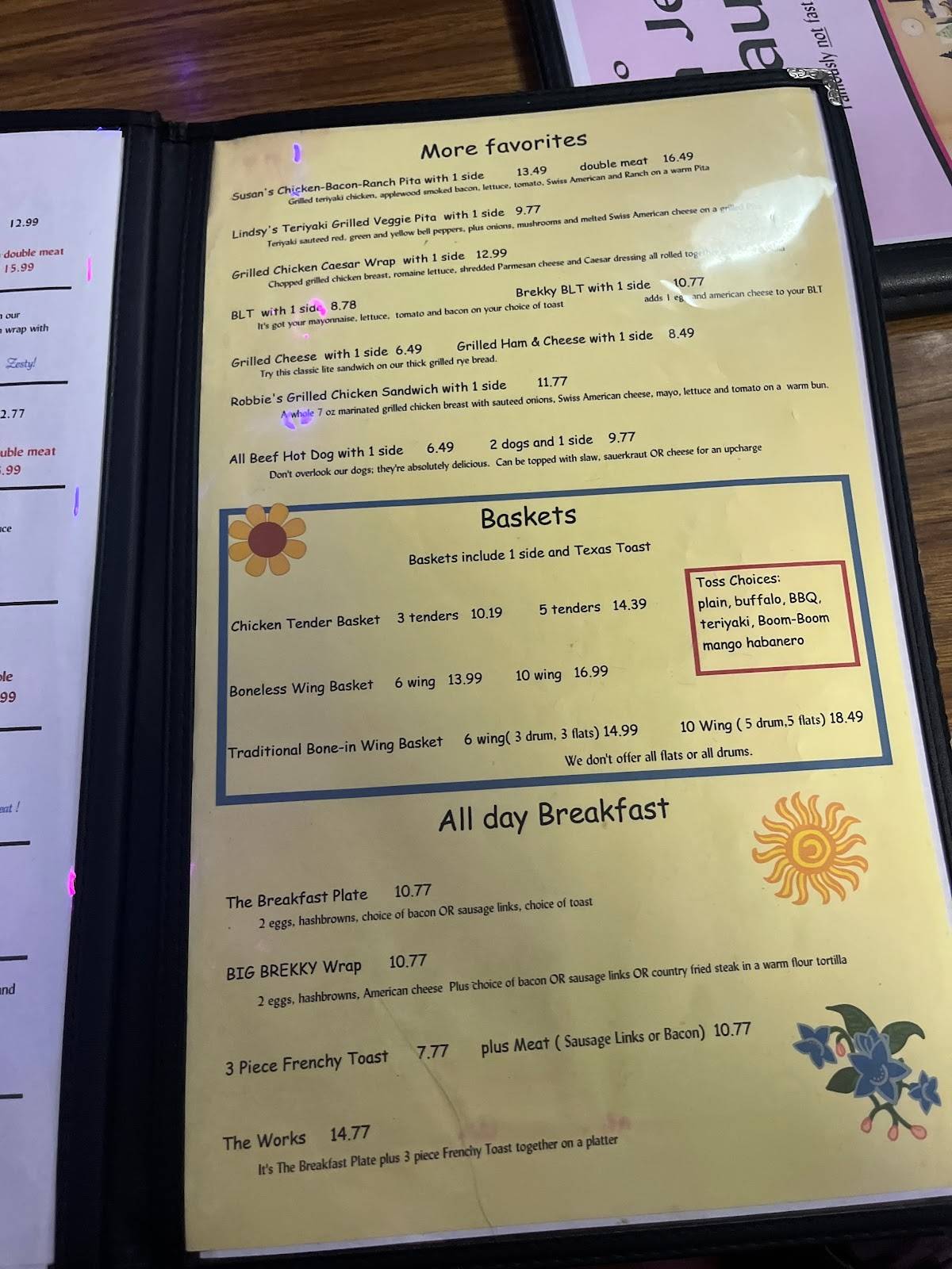 Menu at Myra Jean's restaurant, Crawfordville