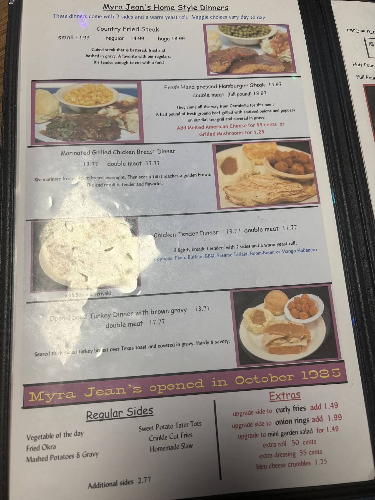 Menu at Myra Jean's restaurant, Crawfordville