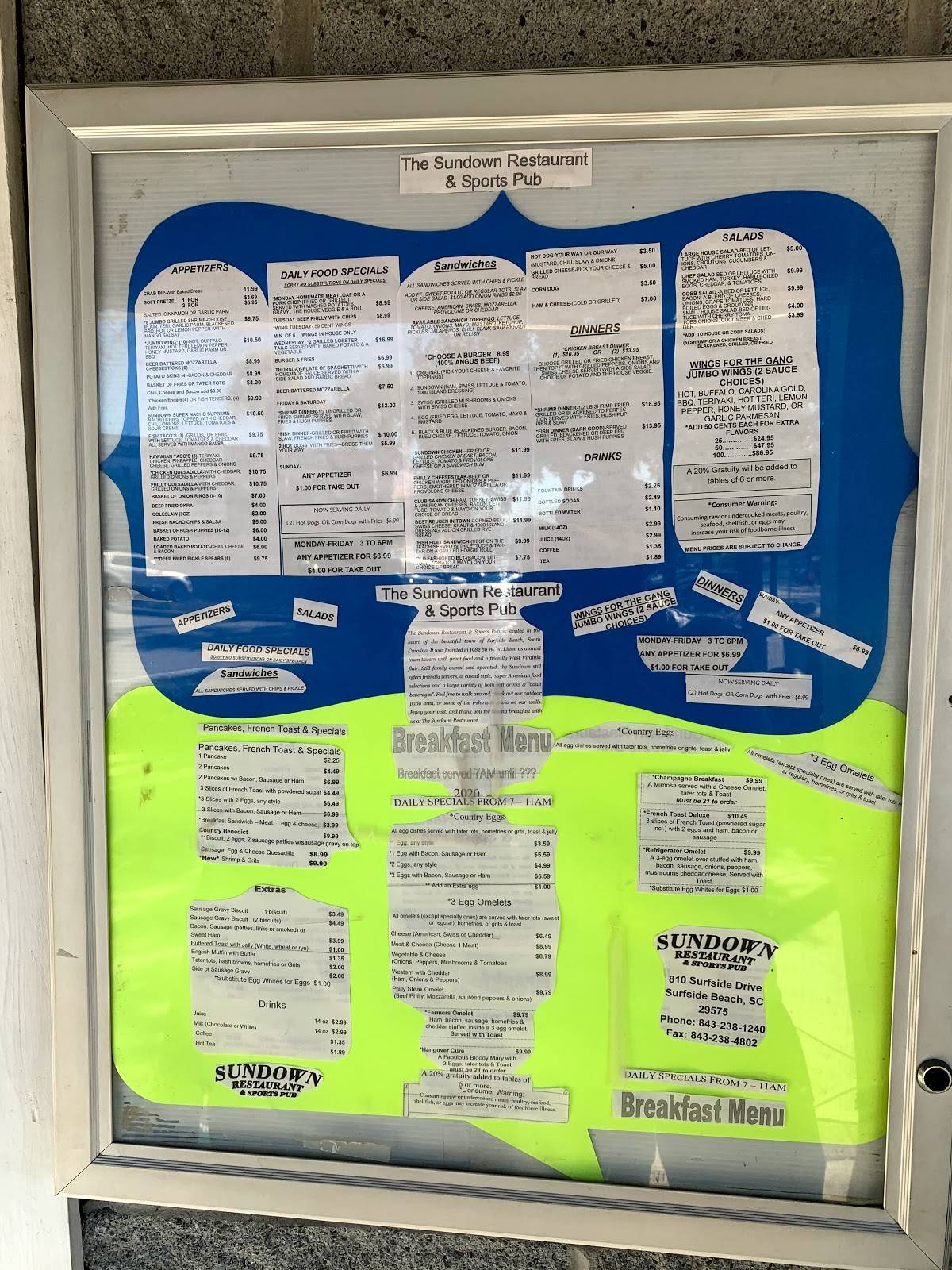 Menu at Sundown Restaurant and Sports Pub, Surfside Beach