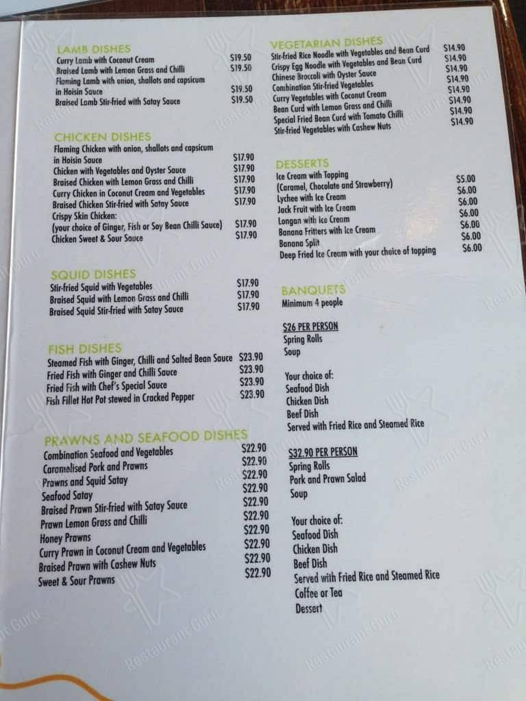 Menu at MY's Restaurant, Garran