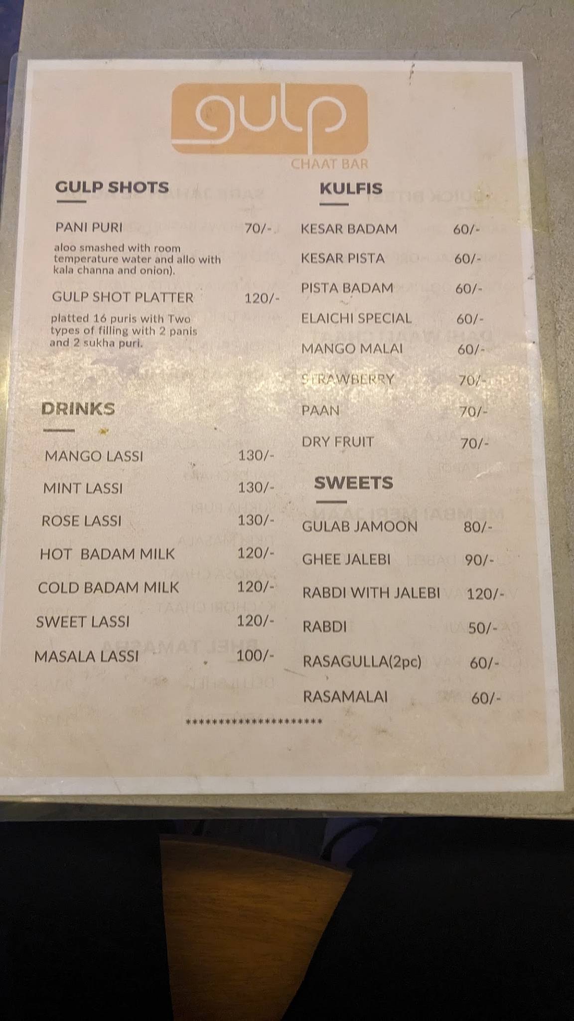 Menu at Gulp Chaat Bar, Mysuru