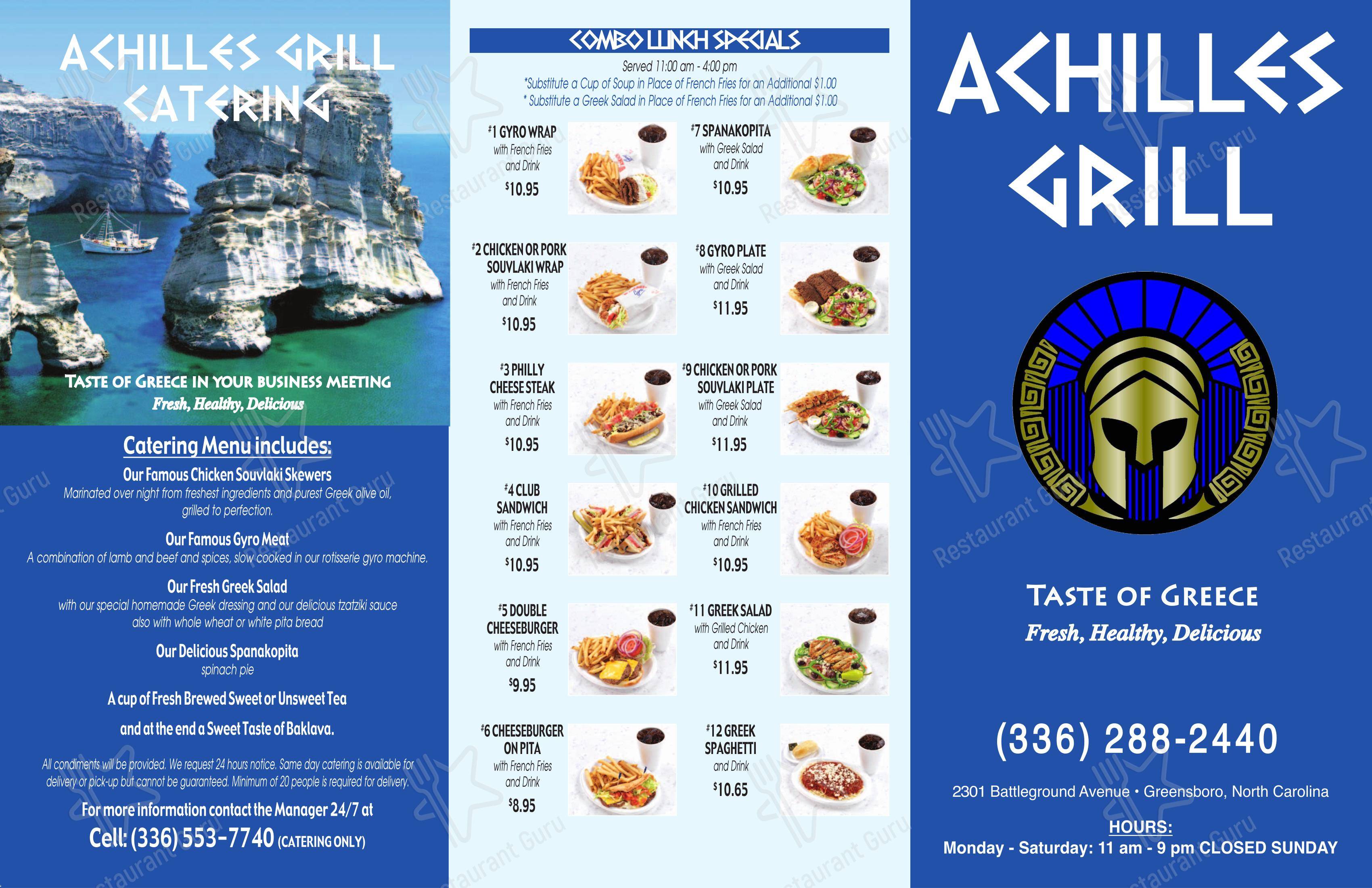 Menu at Achilles Grill restaurant, Greensboro, Battleground Ave