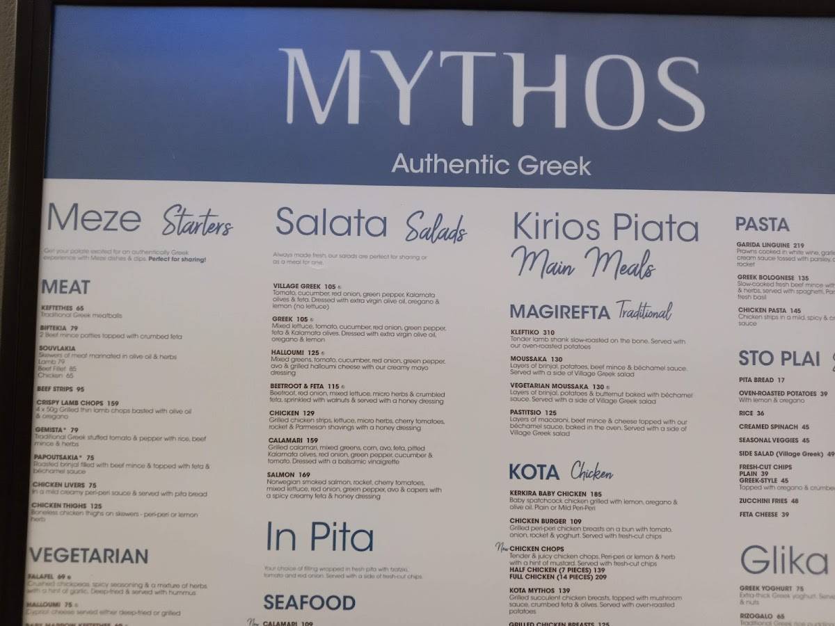 Menu au Mythos Greek Restaurants, Le Cap