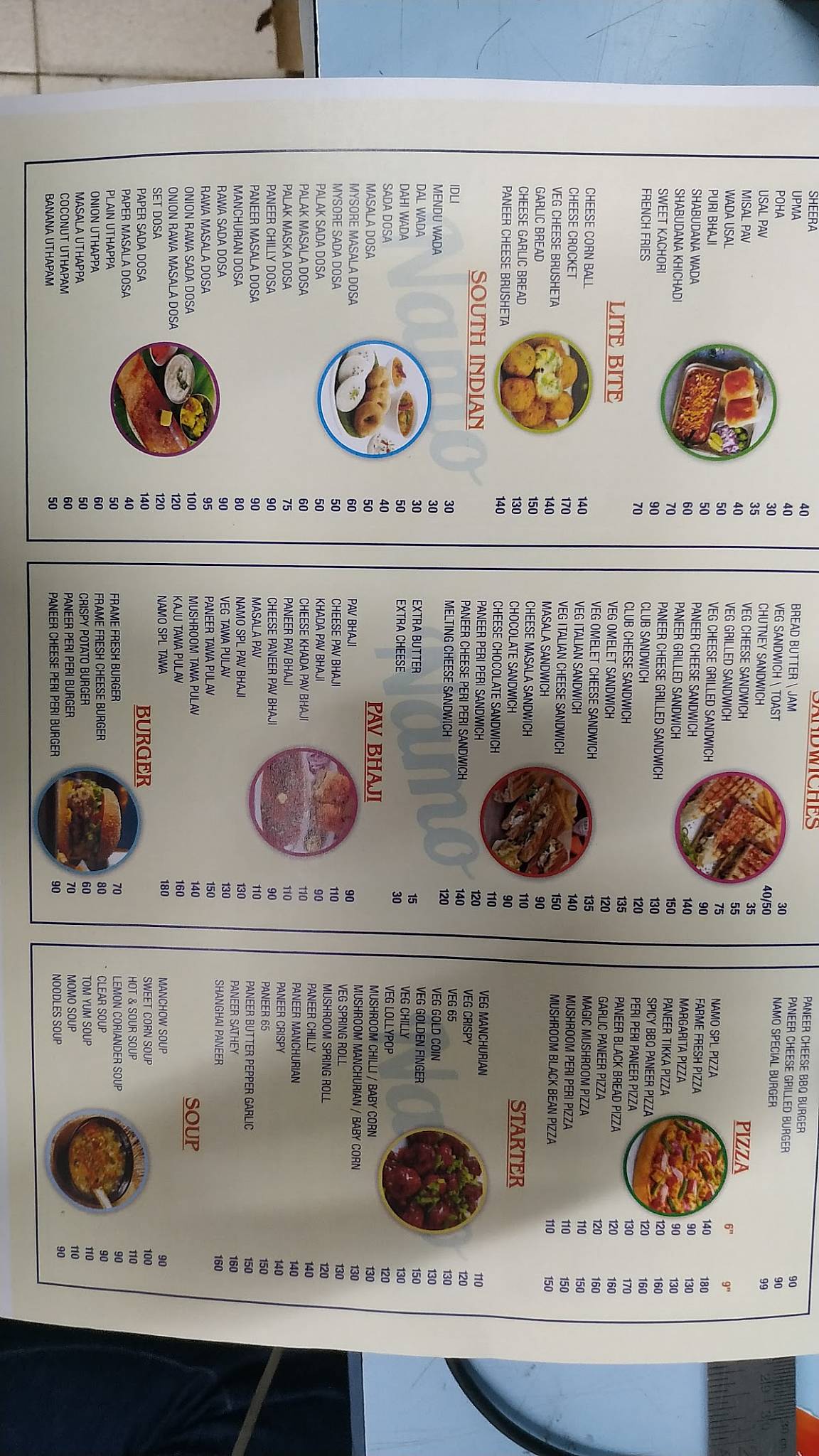 Menu at NAMO, Mumbai