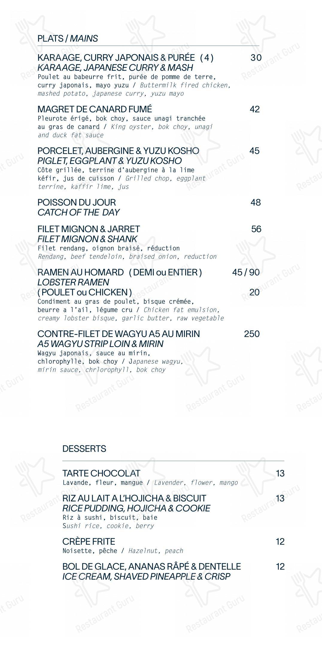 Menu au NOMI restaurant, Montréal