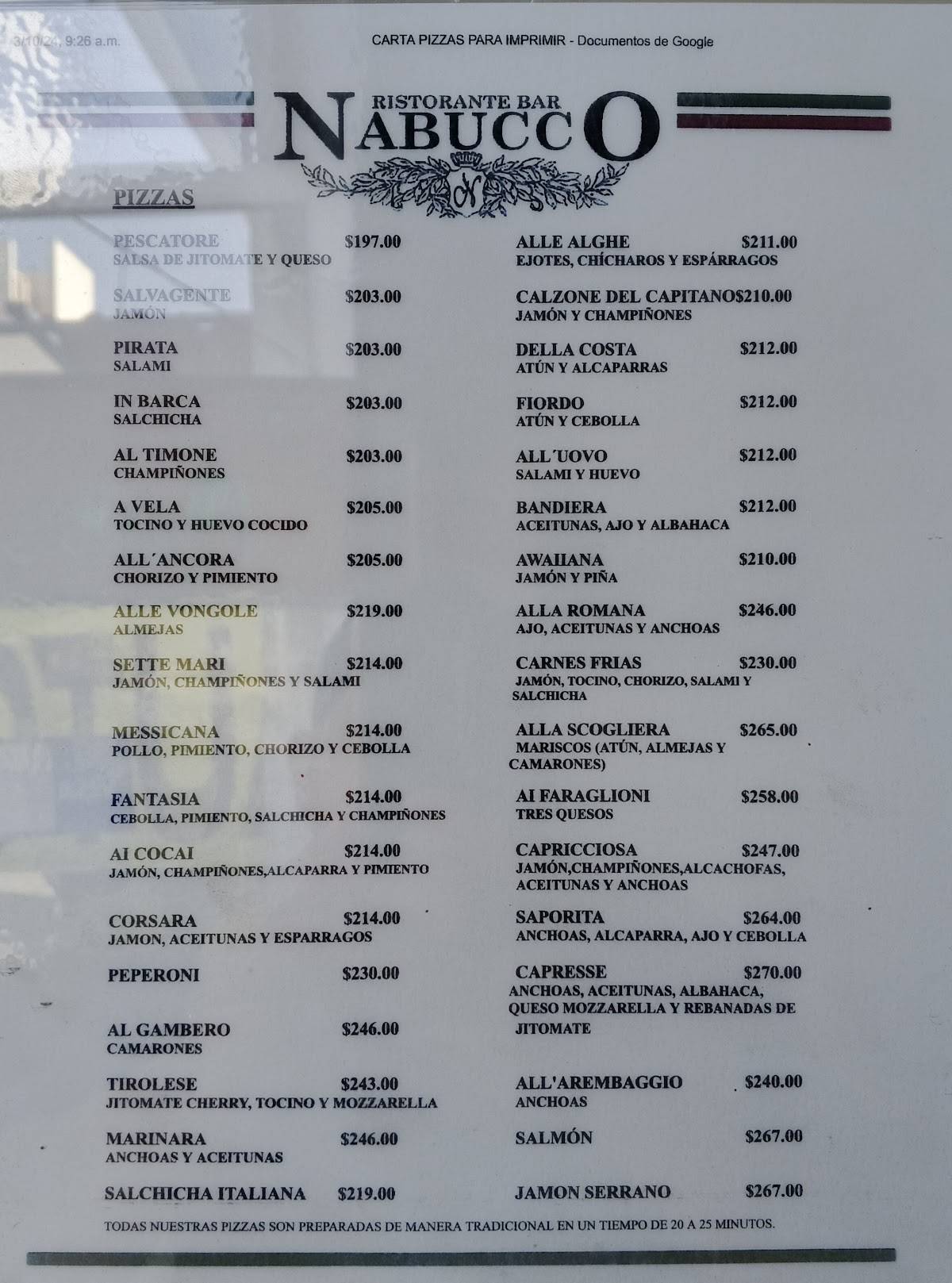 Menu at Nabucco El Refugio restaurant, Santiago de Querétaro