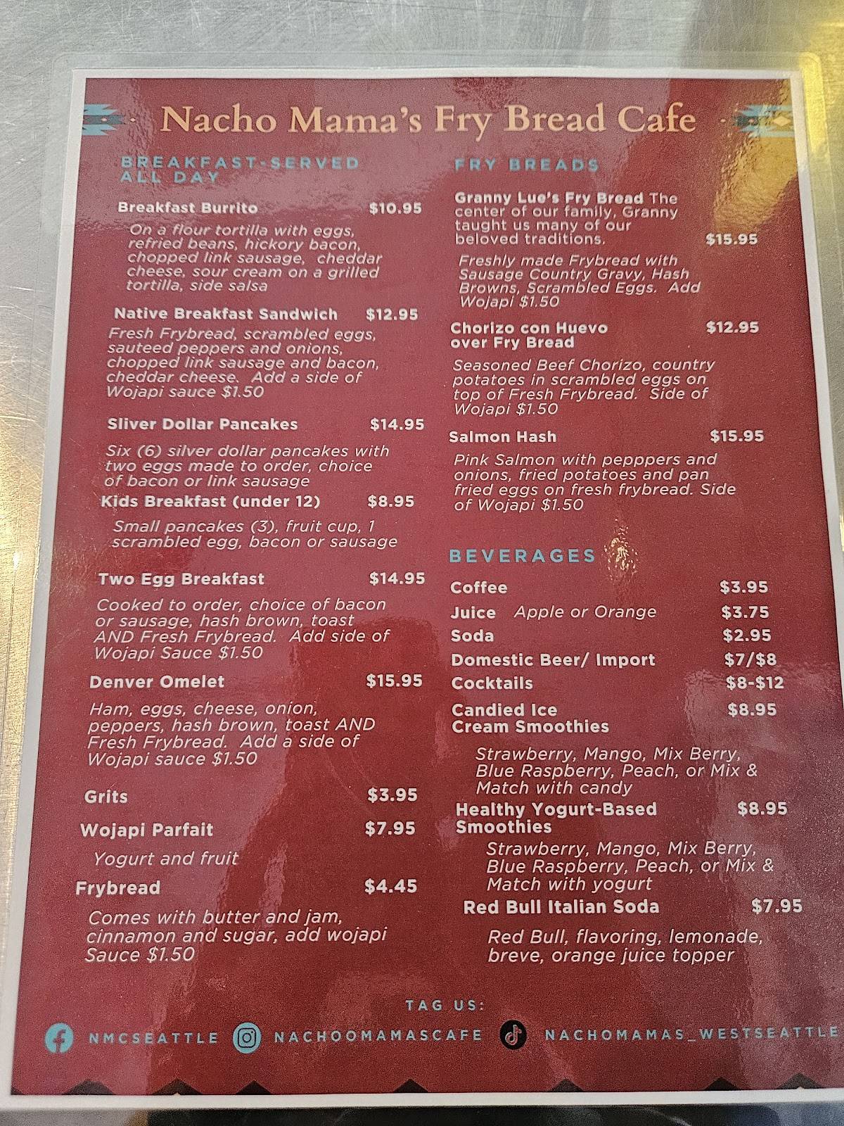Menu at Nacho Mama’s Fry Bread Cafe, Seattle