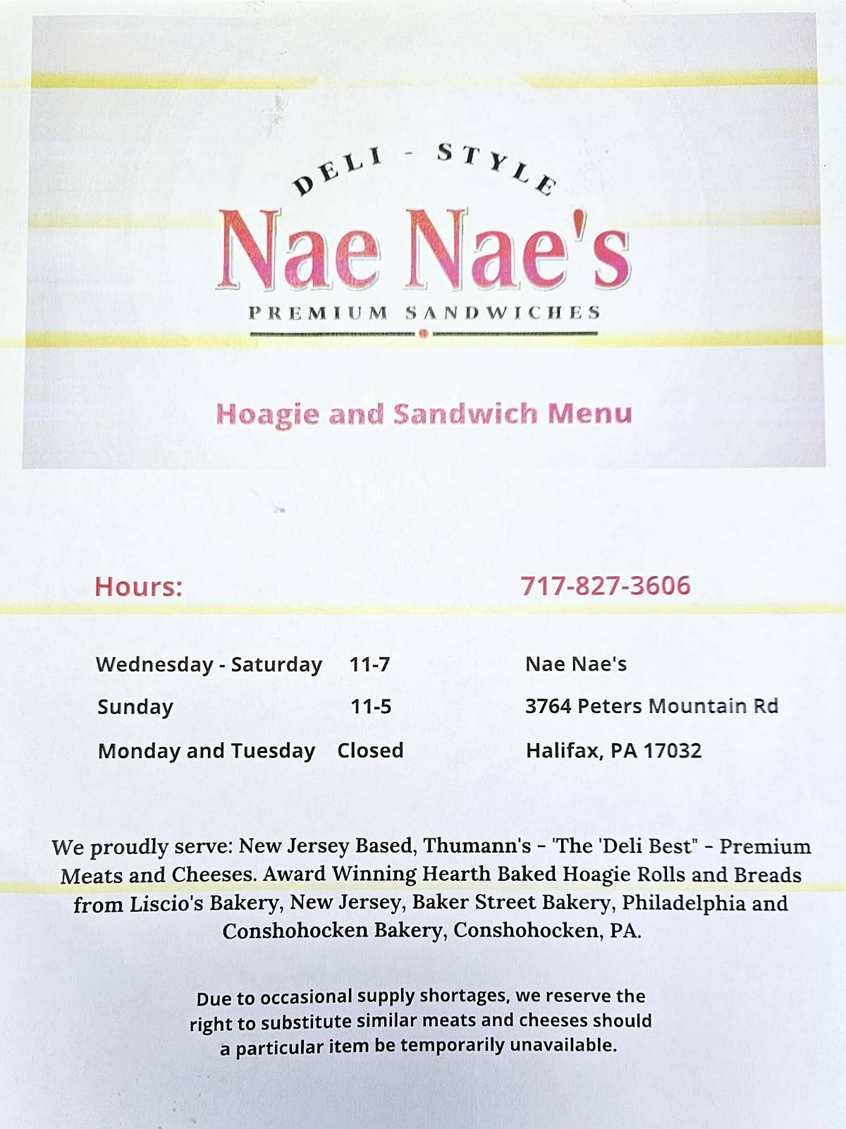 Menu at Nae Nae's restaurant, Halifax